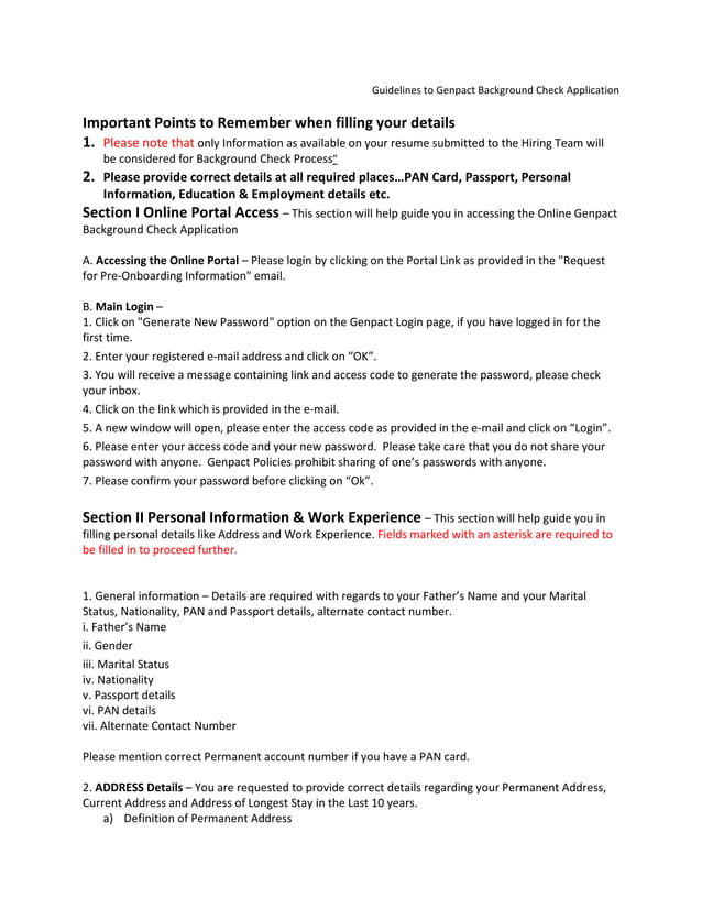 Guidelines to fill genpact onboarding application | PDF | Resume ...