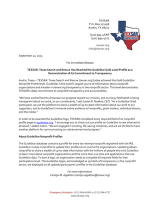 TEXSAR Attains the GuideStar Gold Seal for Transparency