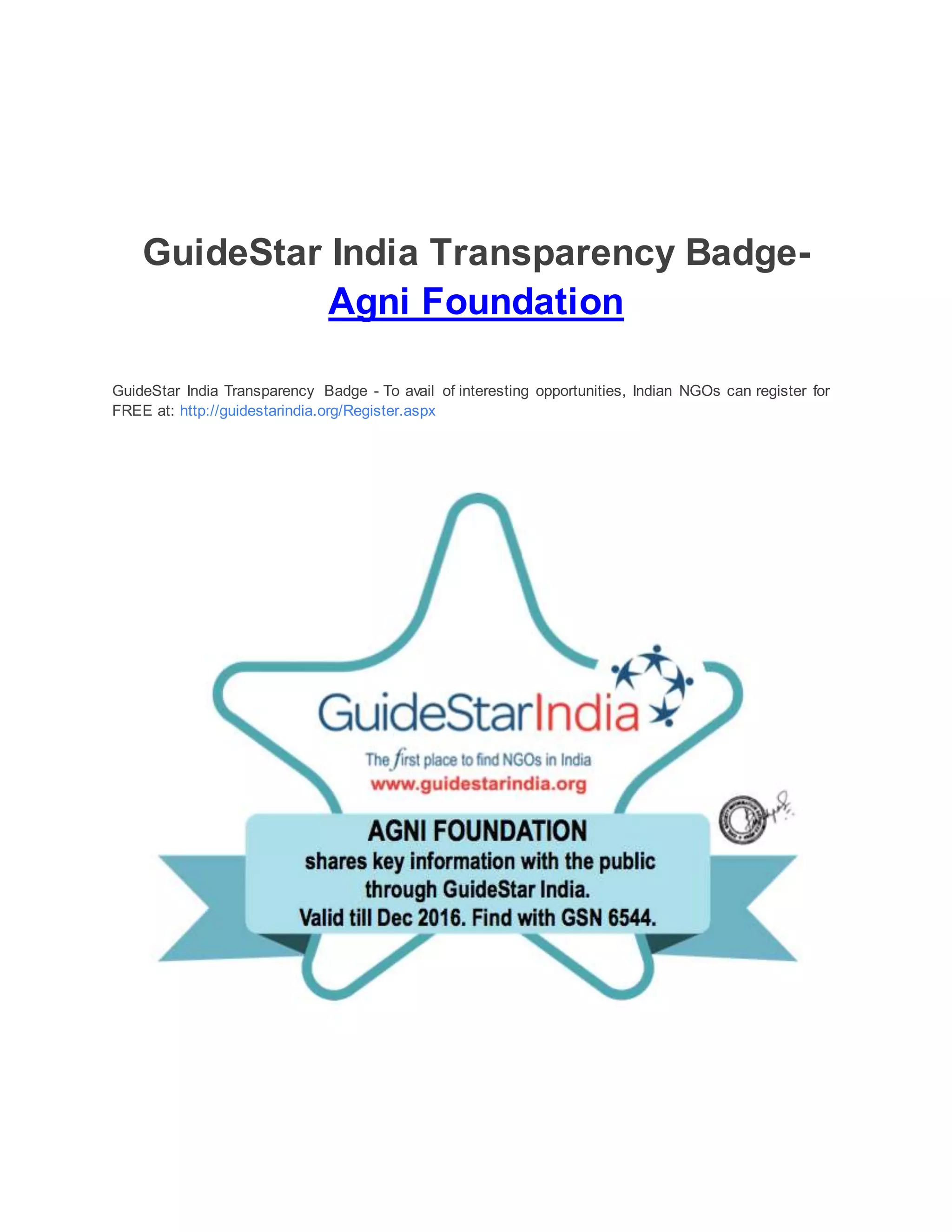GuideStar India Transparency Badge- Agni Foundation | DOCX | Business ...