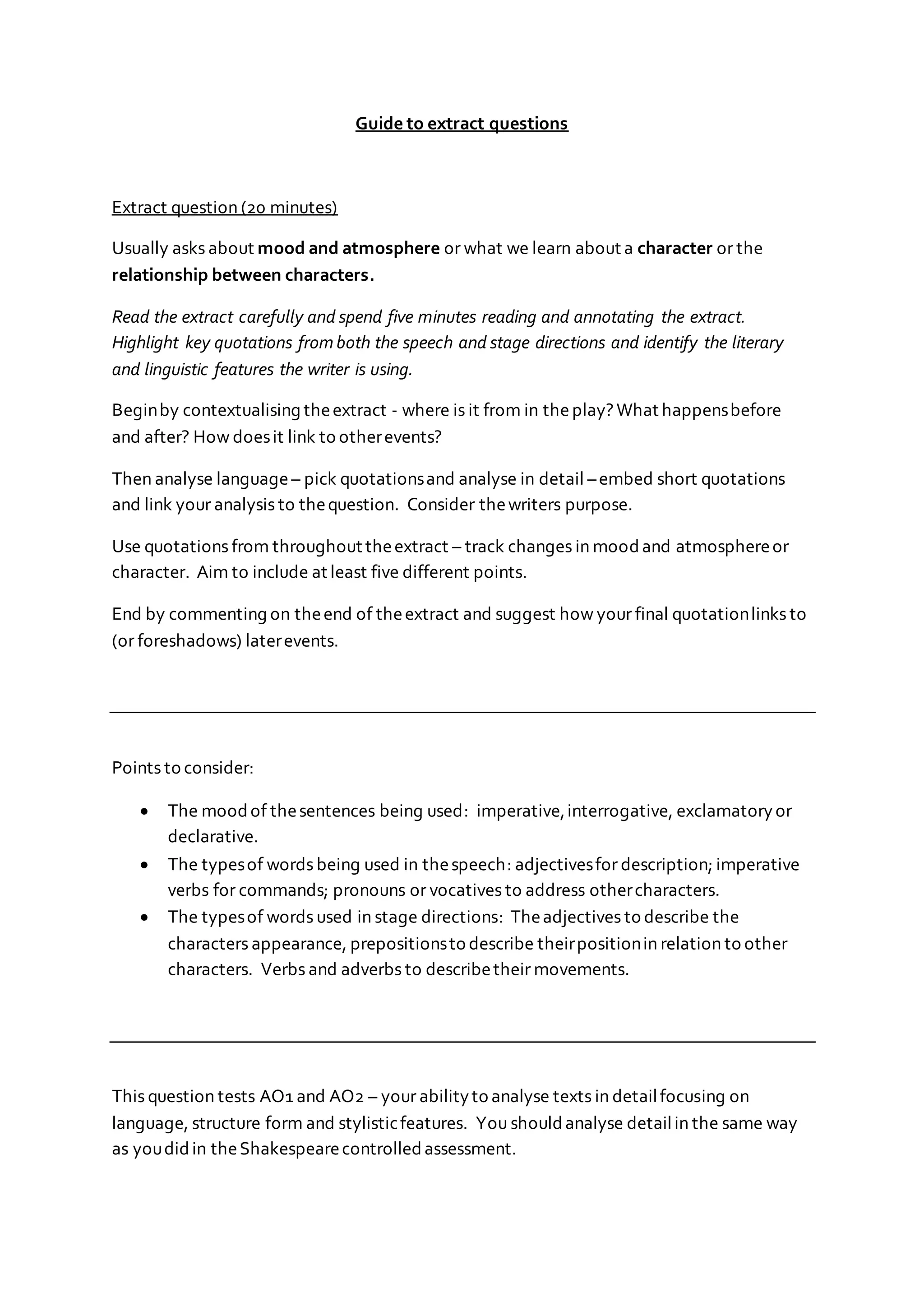 WJEC Literature - Guide to extract questions | DOCX