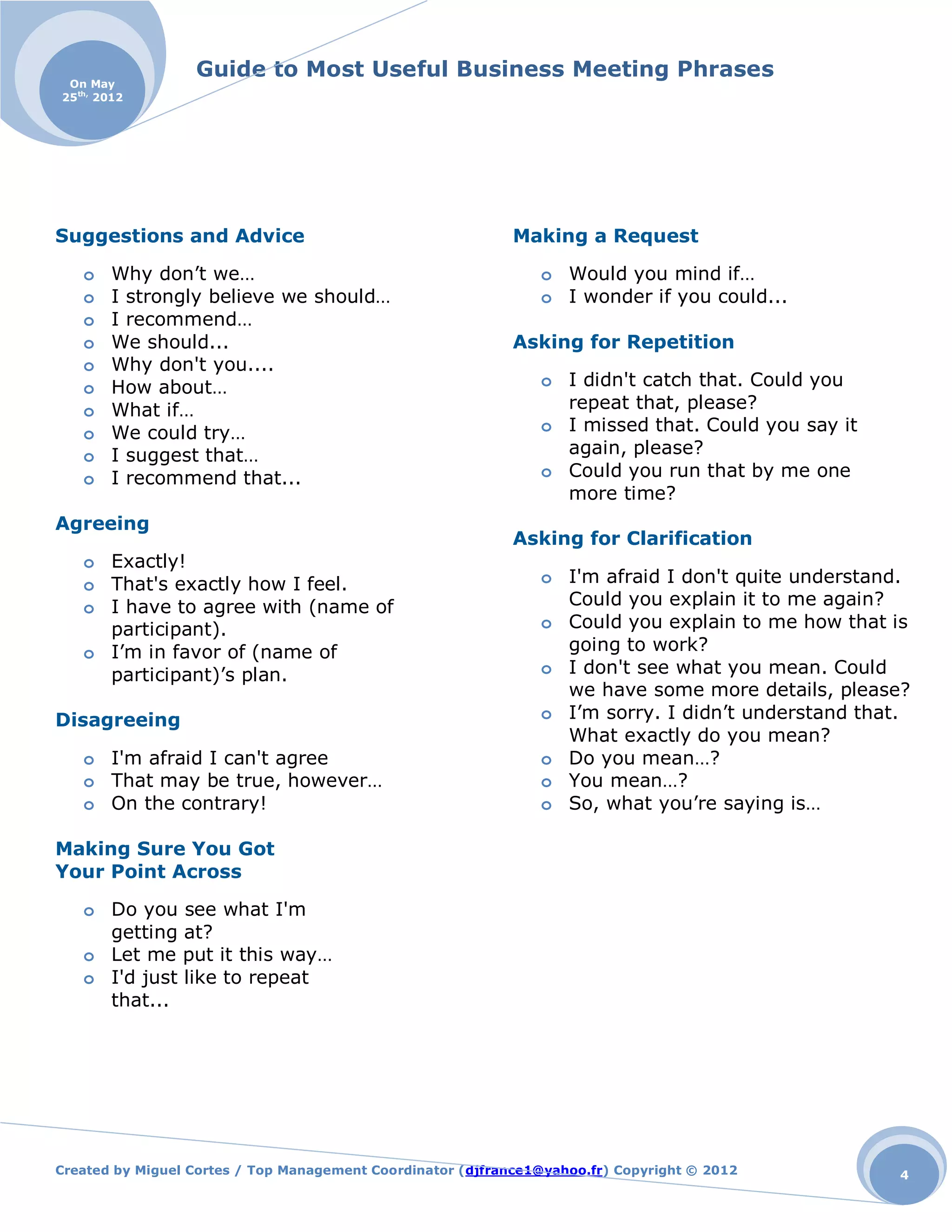 Guide To Most Useful Business Meeting Phrases | PDF