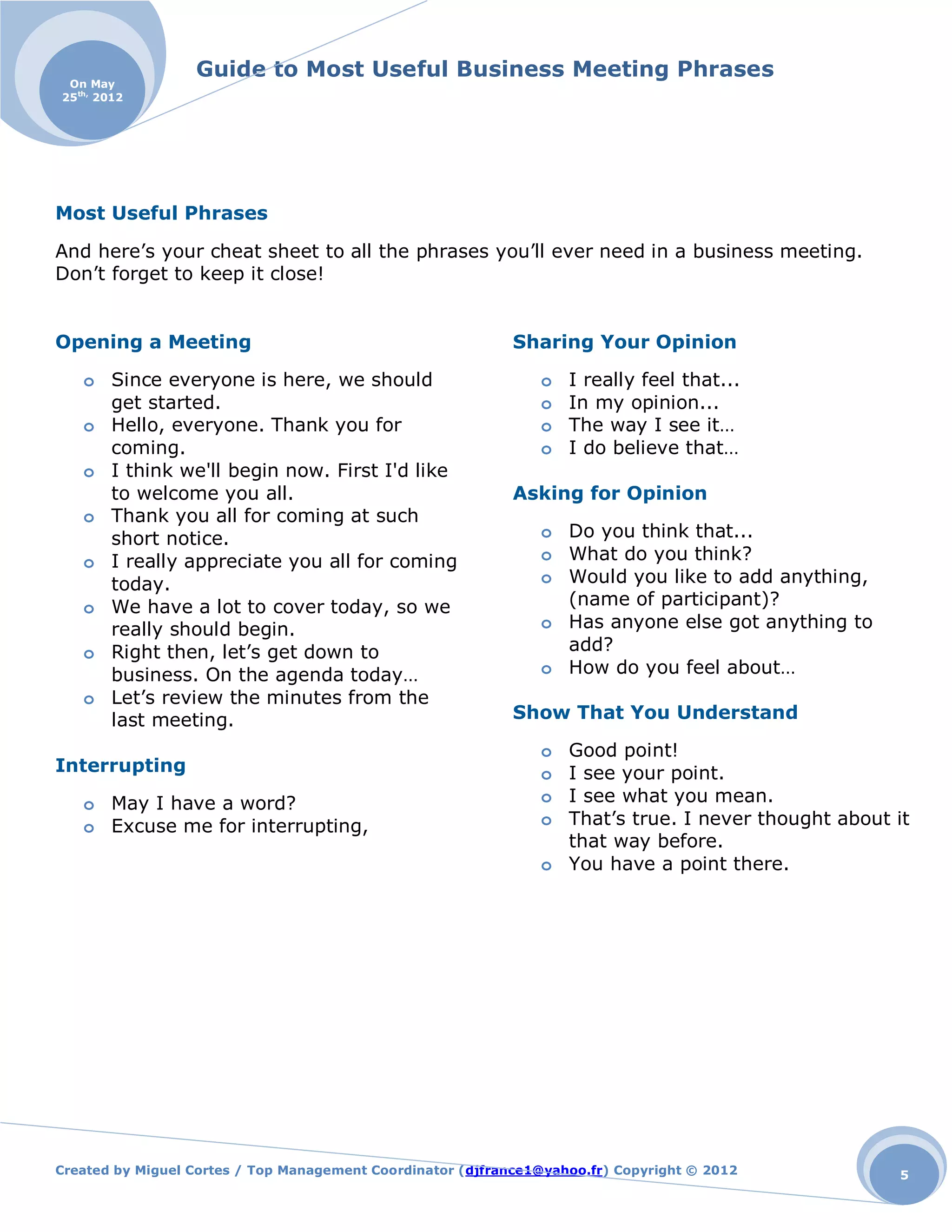 Guide To Most Useful Business Meeting Phrases | PDF