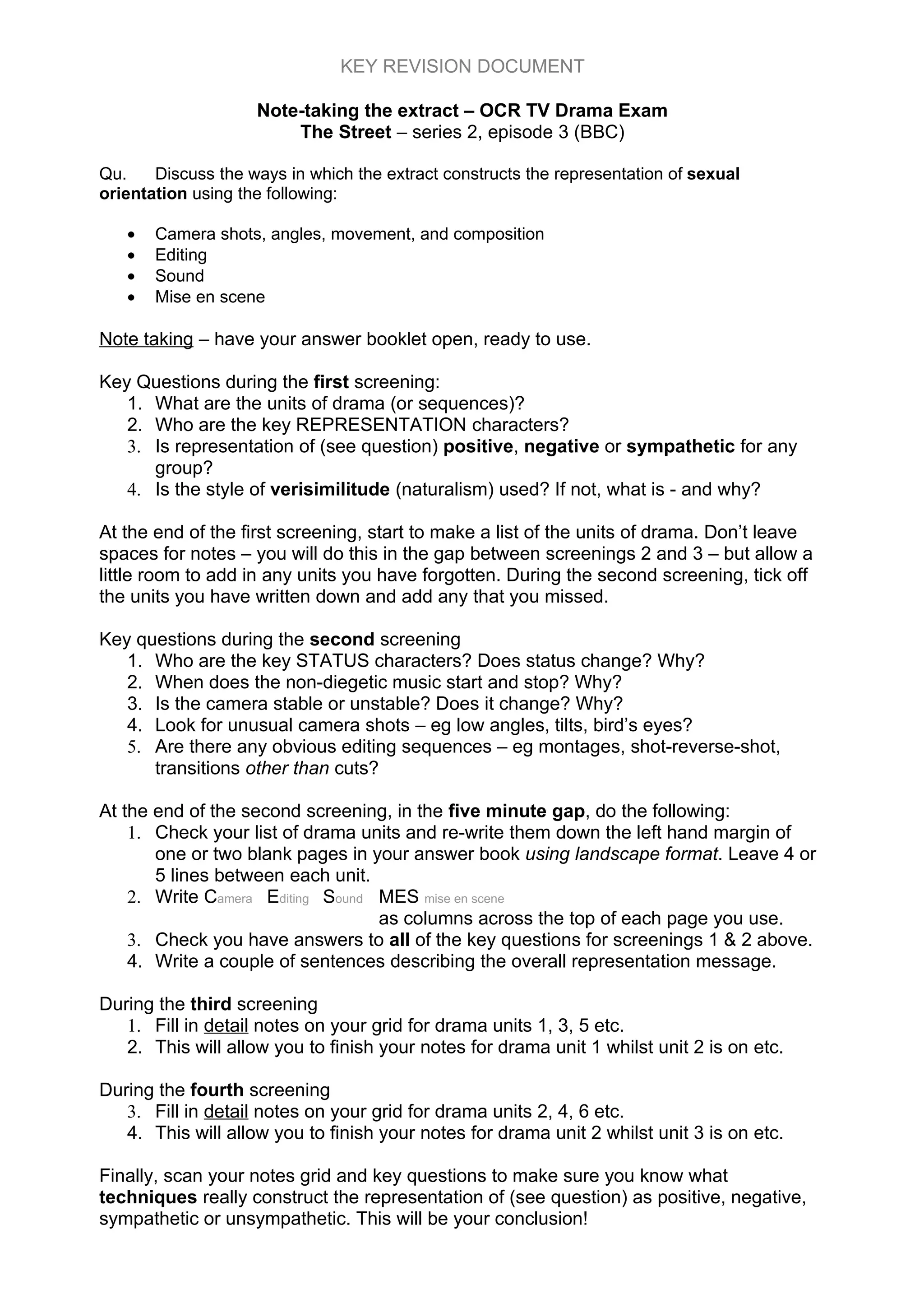 Guide To Note Taking The Tv Drama Extract | DOC