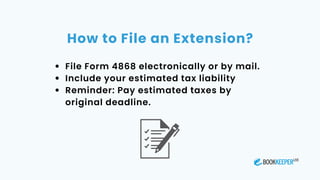 Guide to Tax Extensions Beating Deadlines -BookkeeperLive | PDF