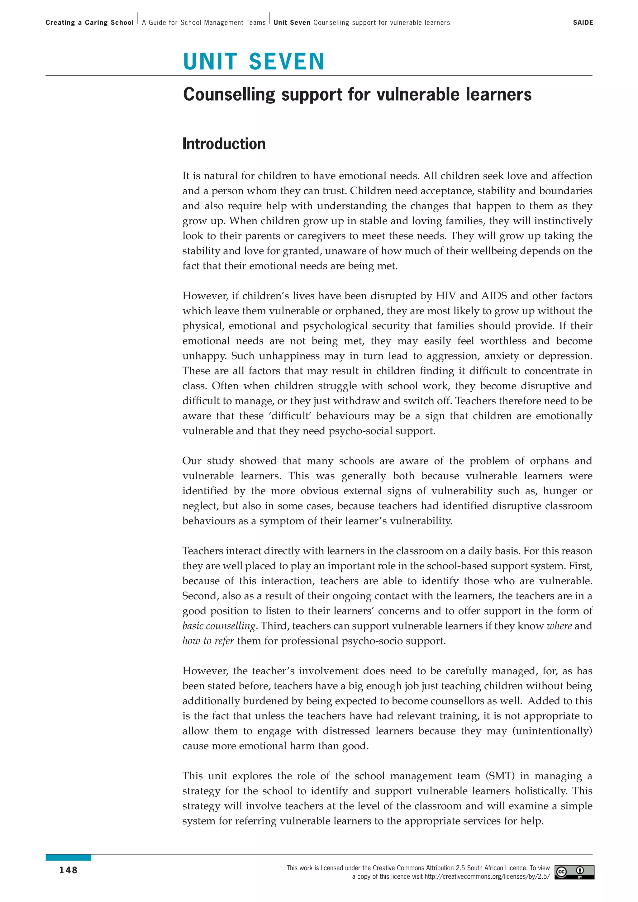 Learning Guide: Unit 7 - Counselling support for vulnerable learners. | PDF