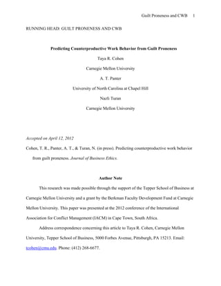 Guilt counterproductive work behavior | PDF