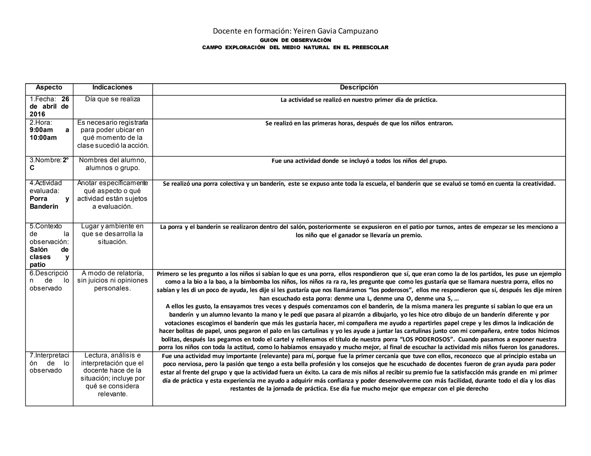 Guión de observación Exploración y conocimieto del mundo | DOCX