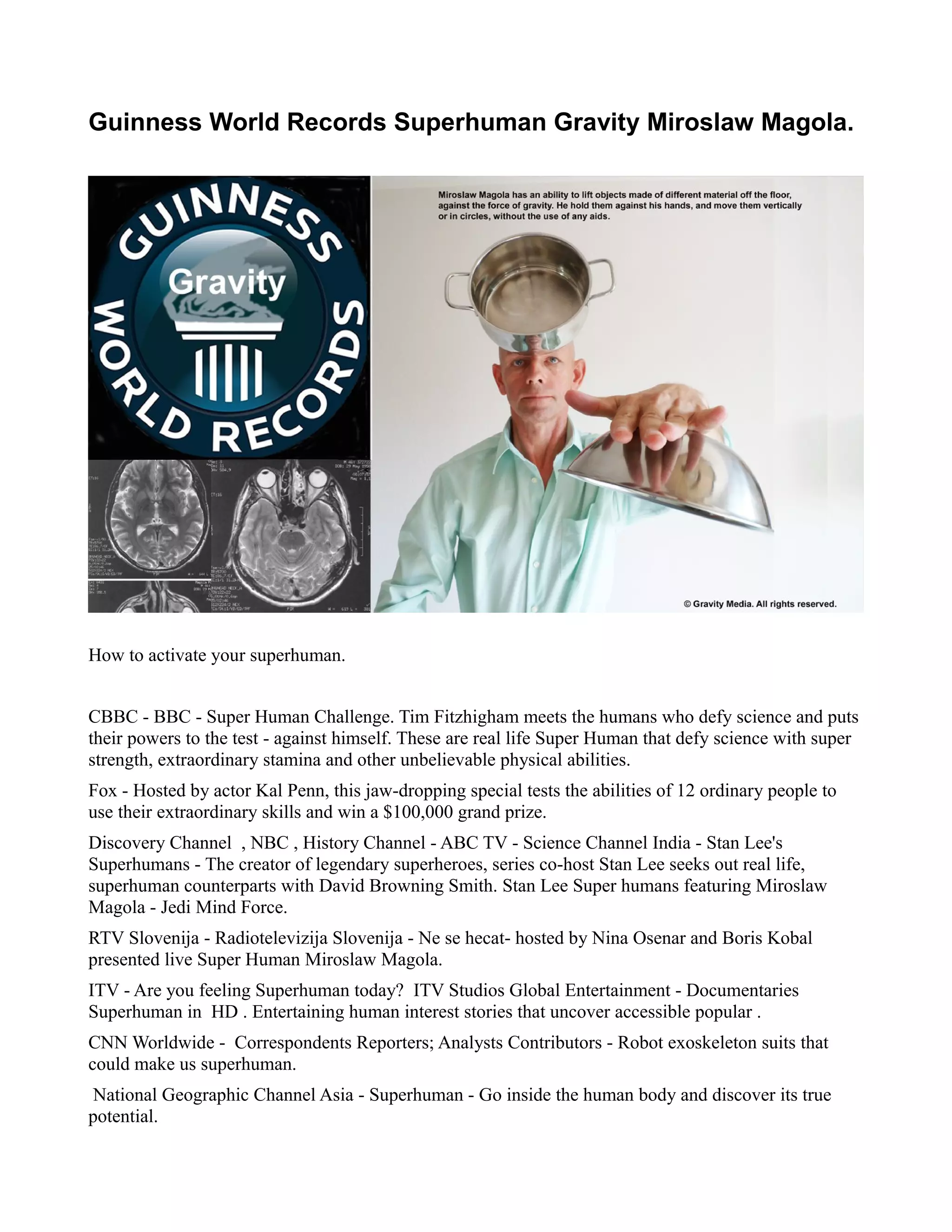 Guinness world records superhuman gravity miroslaw magola mind force | PDF