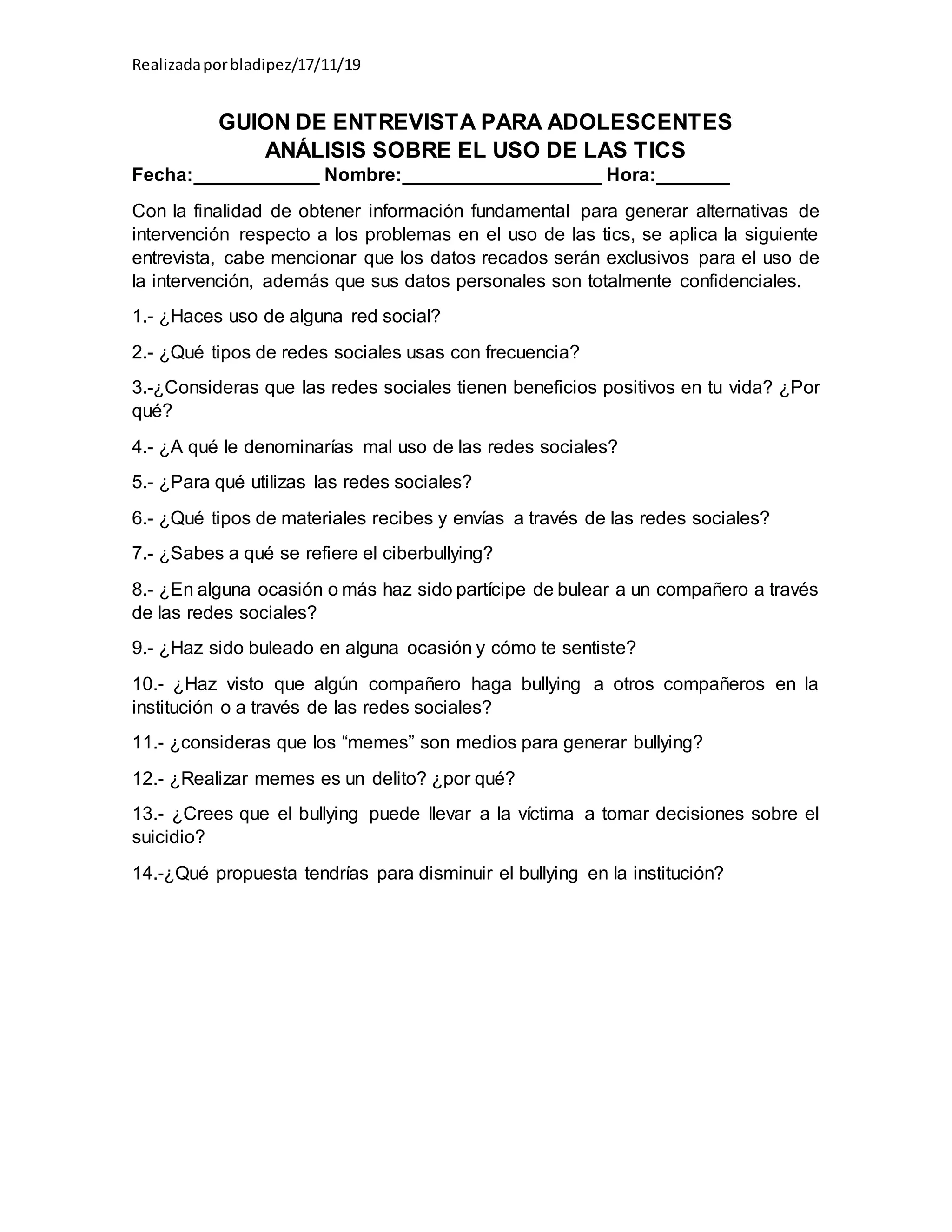 Guion de entrevista para adolescentes | DOCX