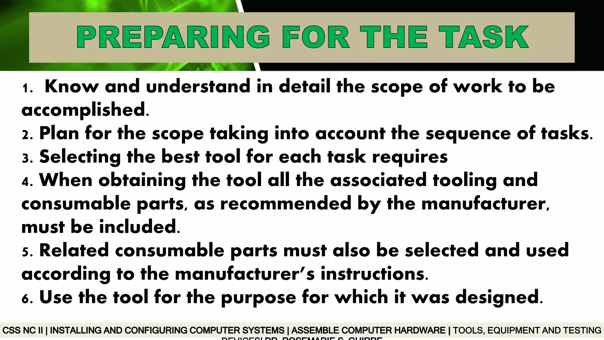 OBTAIN TOOLS, EQUIPMENT AND TESTING DEVICES | PPTX