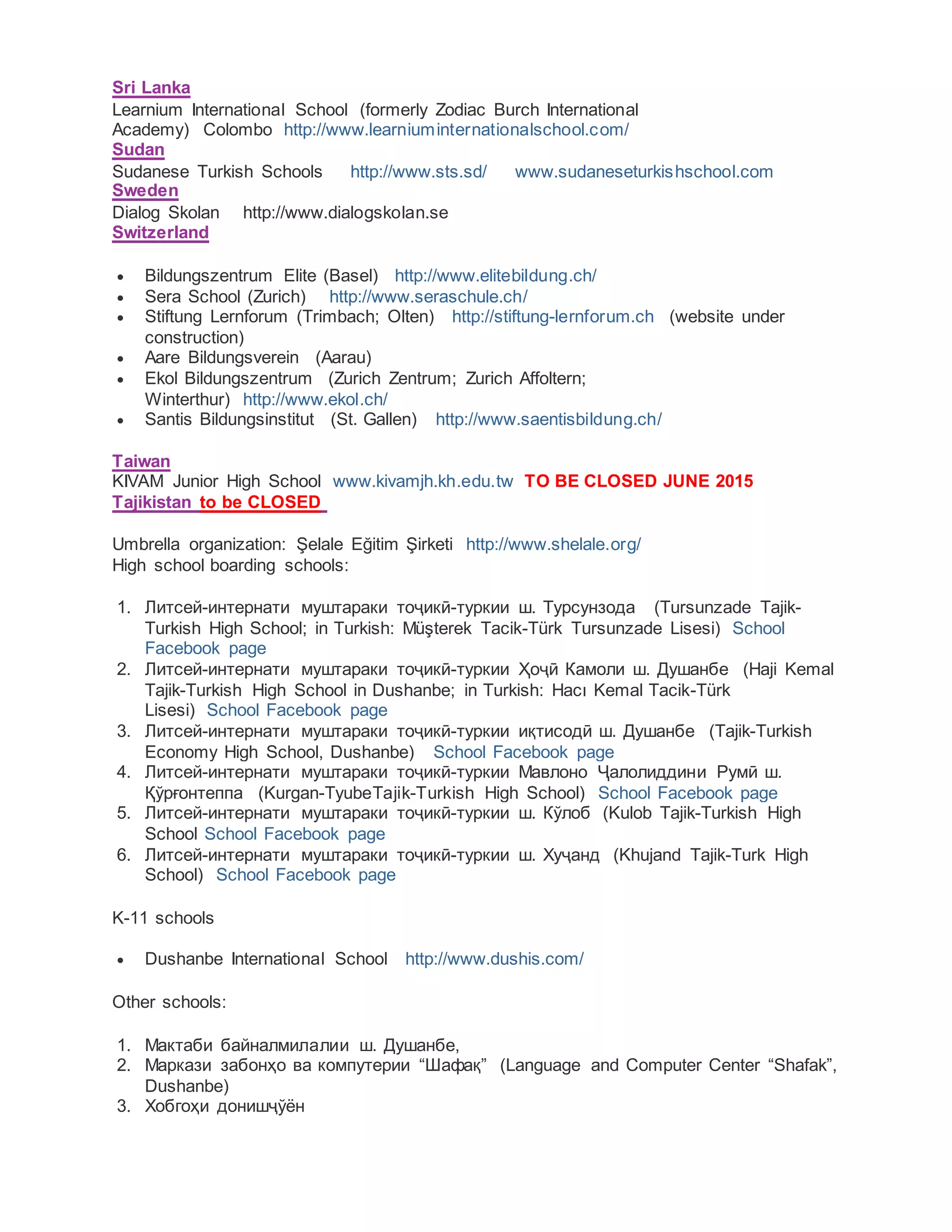 Gulen Schools Worldwide List | DOCX