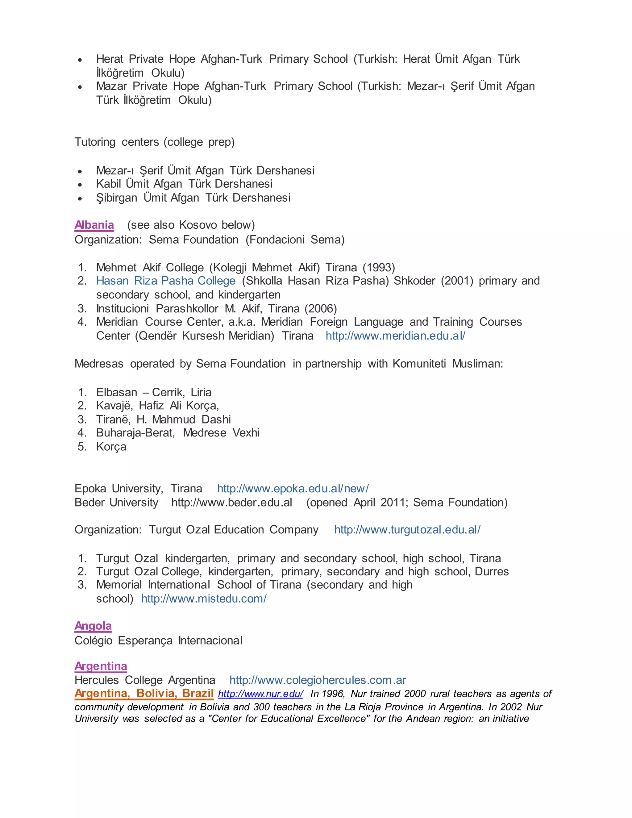 Gulen Schools Worldwide List | DOCX