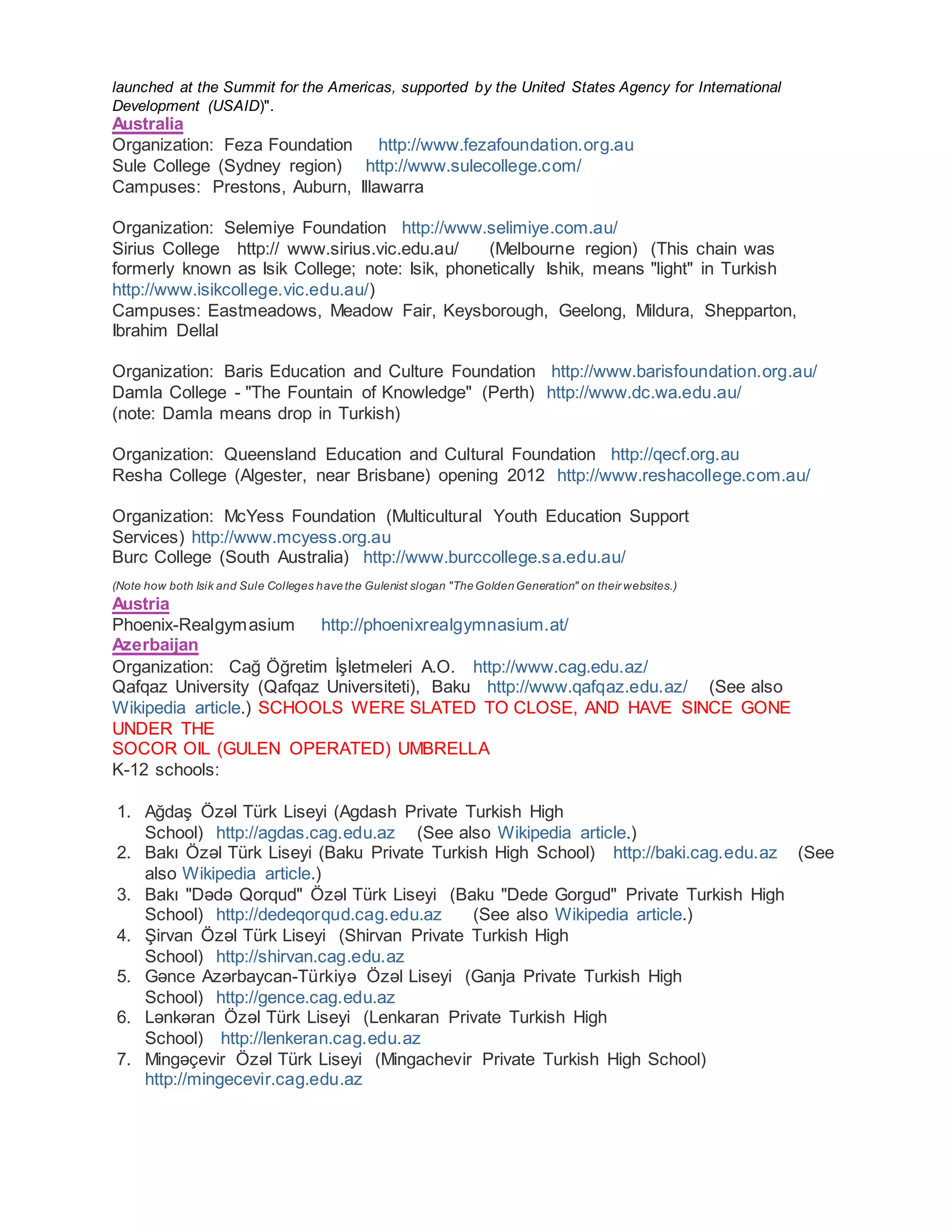 Gulen Schools Worldwide List | DOCX