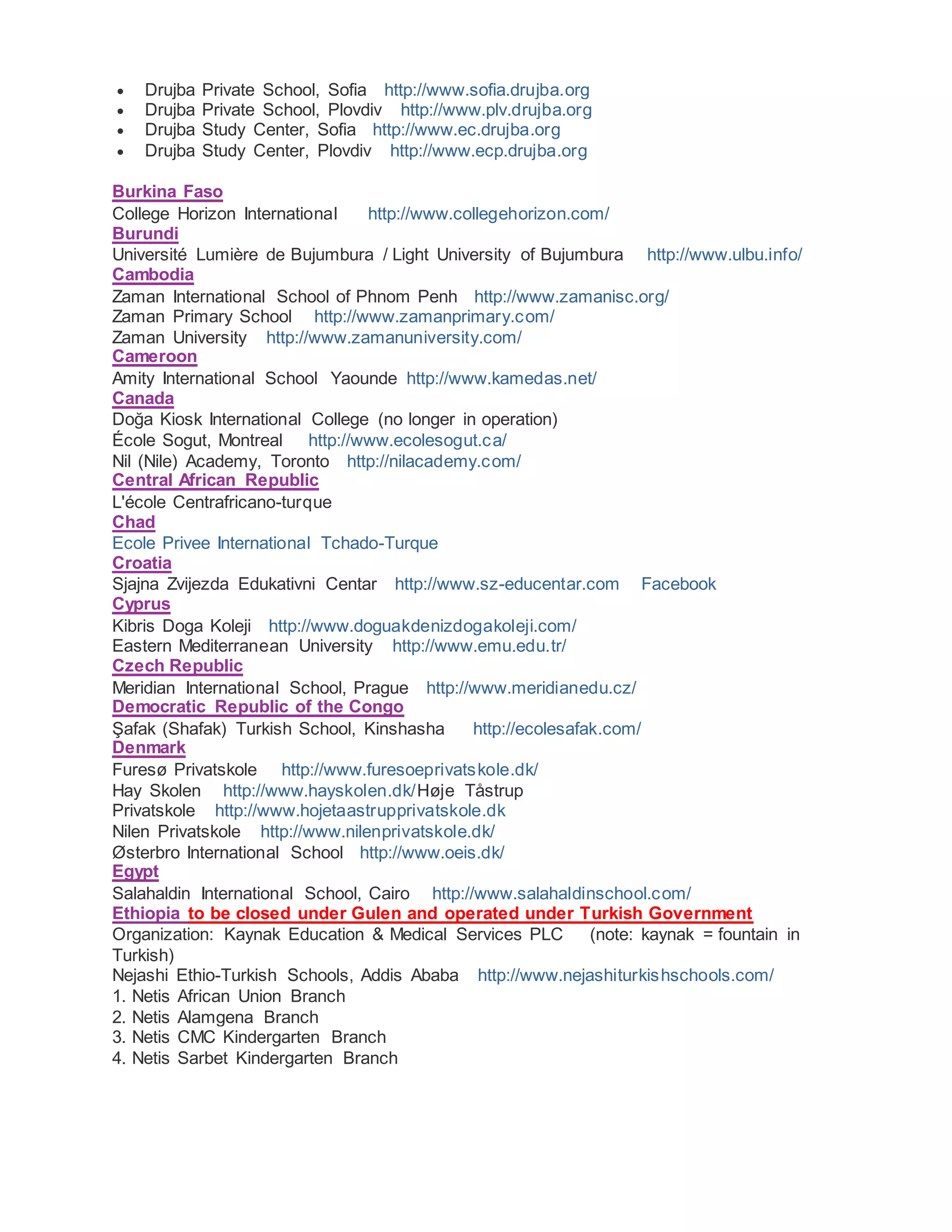Gulen Schools Worldwide List | DOCX