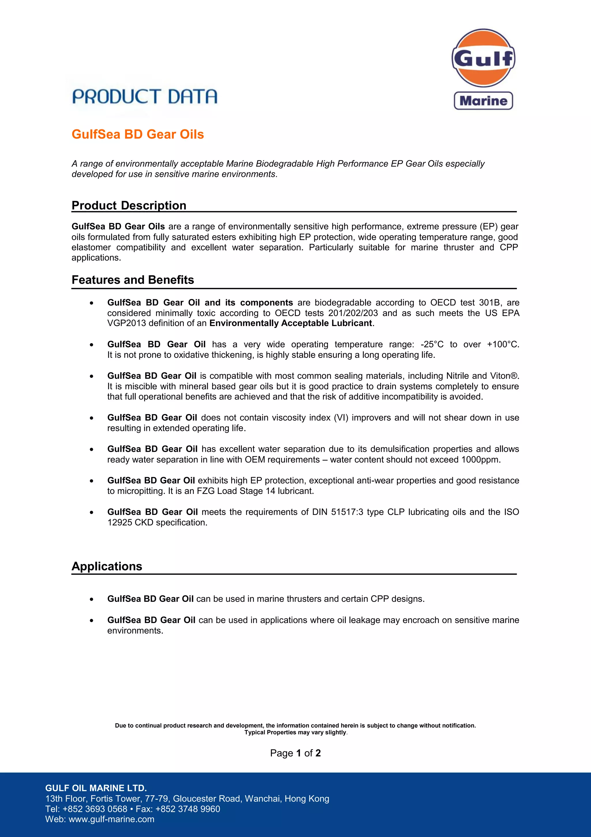 Gulf sea bd gear oil 100 | PDF