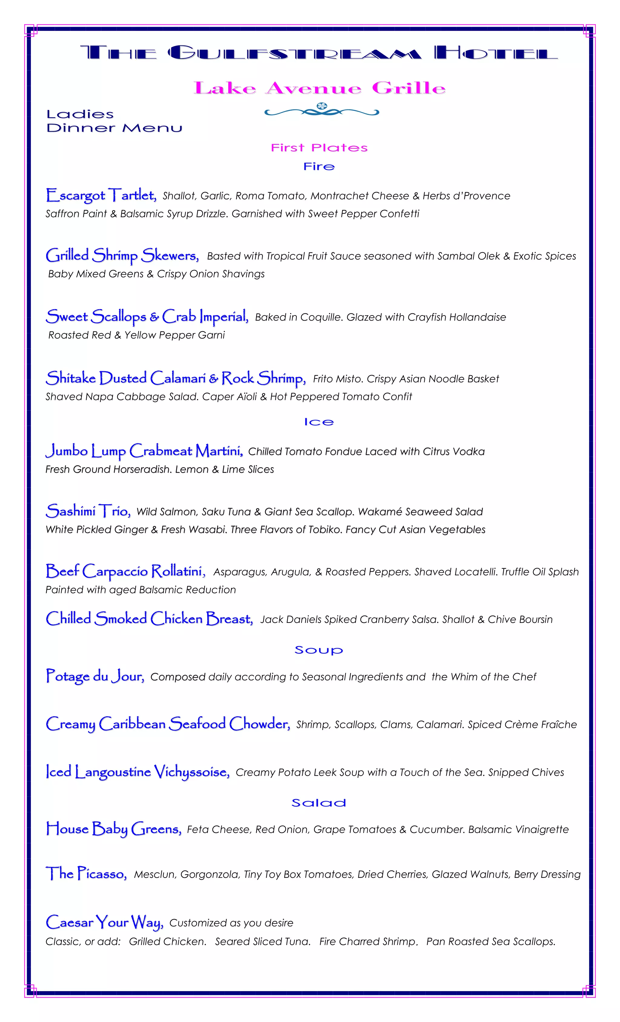 Gulfstream Hotel Dinner Menu | PDF