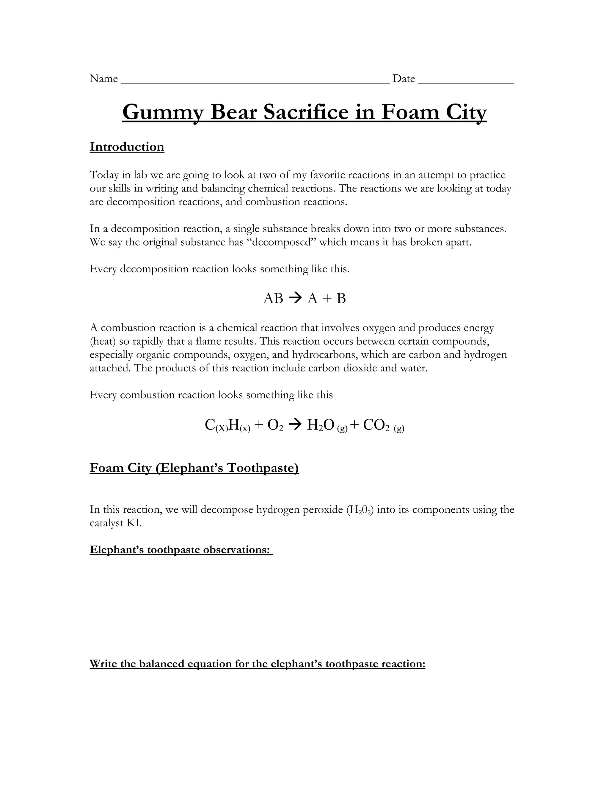 Chemistry - Gummy bear sacrifice in foam city Lab | DOC