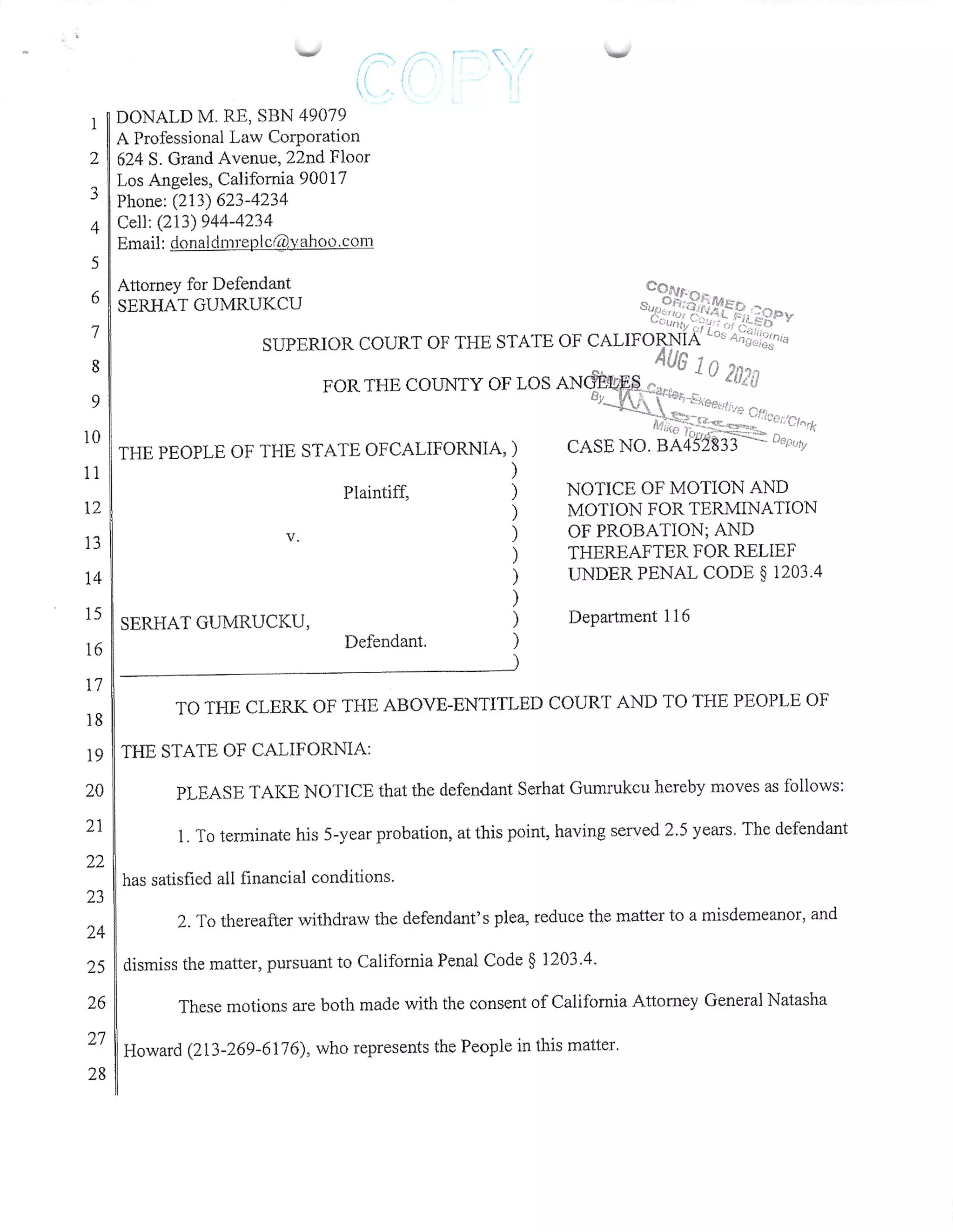 Gumrukcu - Motion for Termination of Probation AUG 2020 | PDF