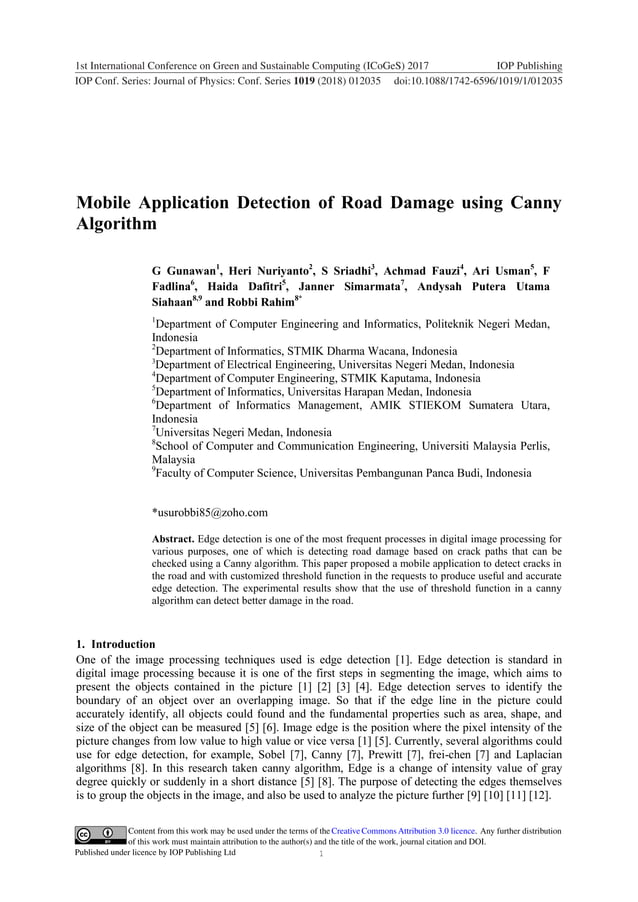 Mobile Application Detection of Road Damage using Canny Algorithm | PDF