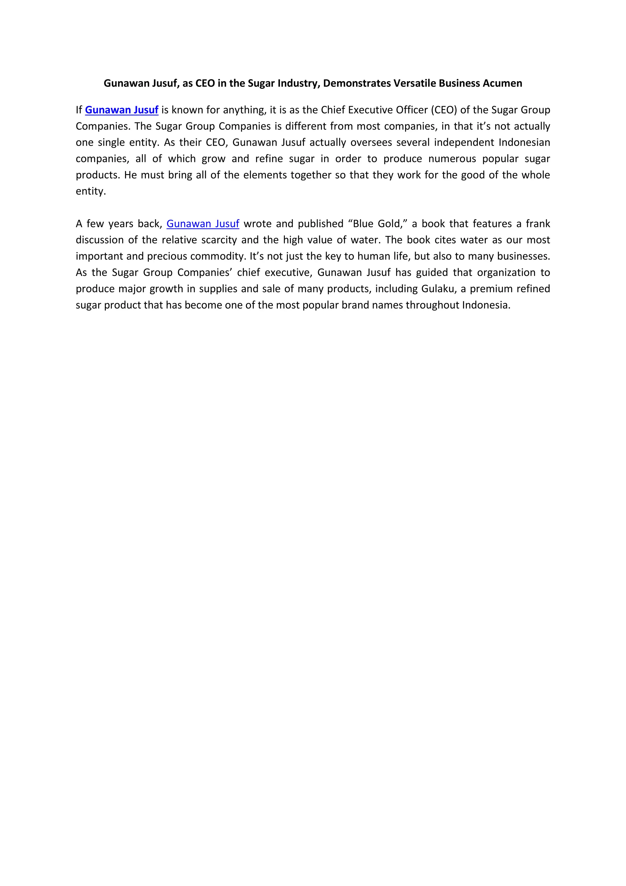 Gunawan Jusuf, as CEO in the Sugar Industry, Demonstrates Versatile ...