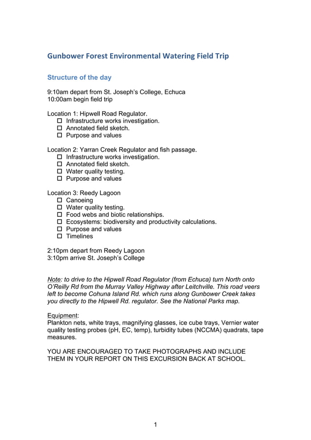 Gunbower forest environmental watering fieldwork booklet. | PDF