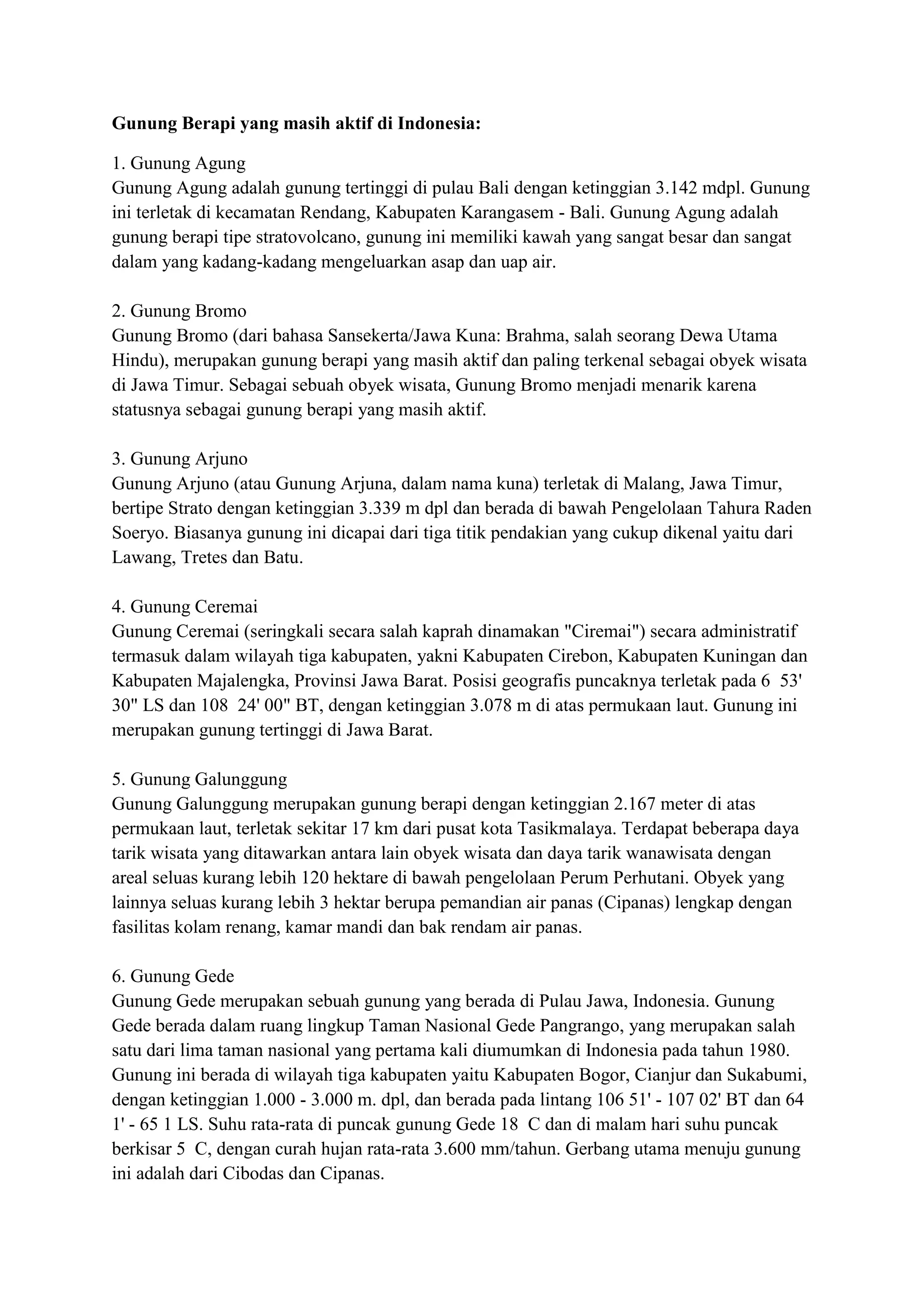 Gunung berapi yang masih aktif di indonesia | DOCX