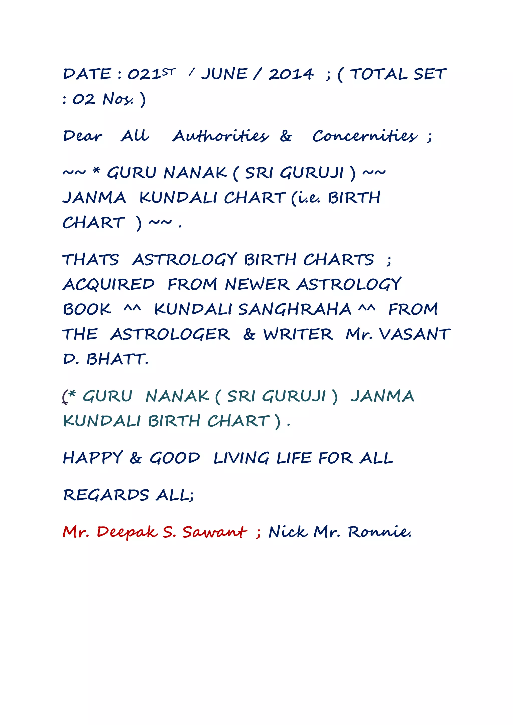 ~~ Guru nanak ( sri guruji ) ~~ janma kundali chart (i.e. birth chart ) ~~ . | PDF