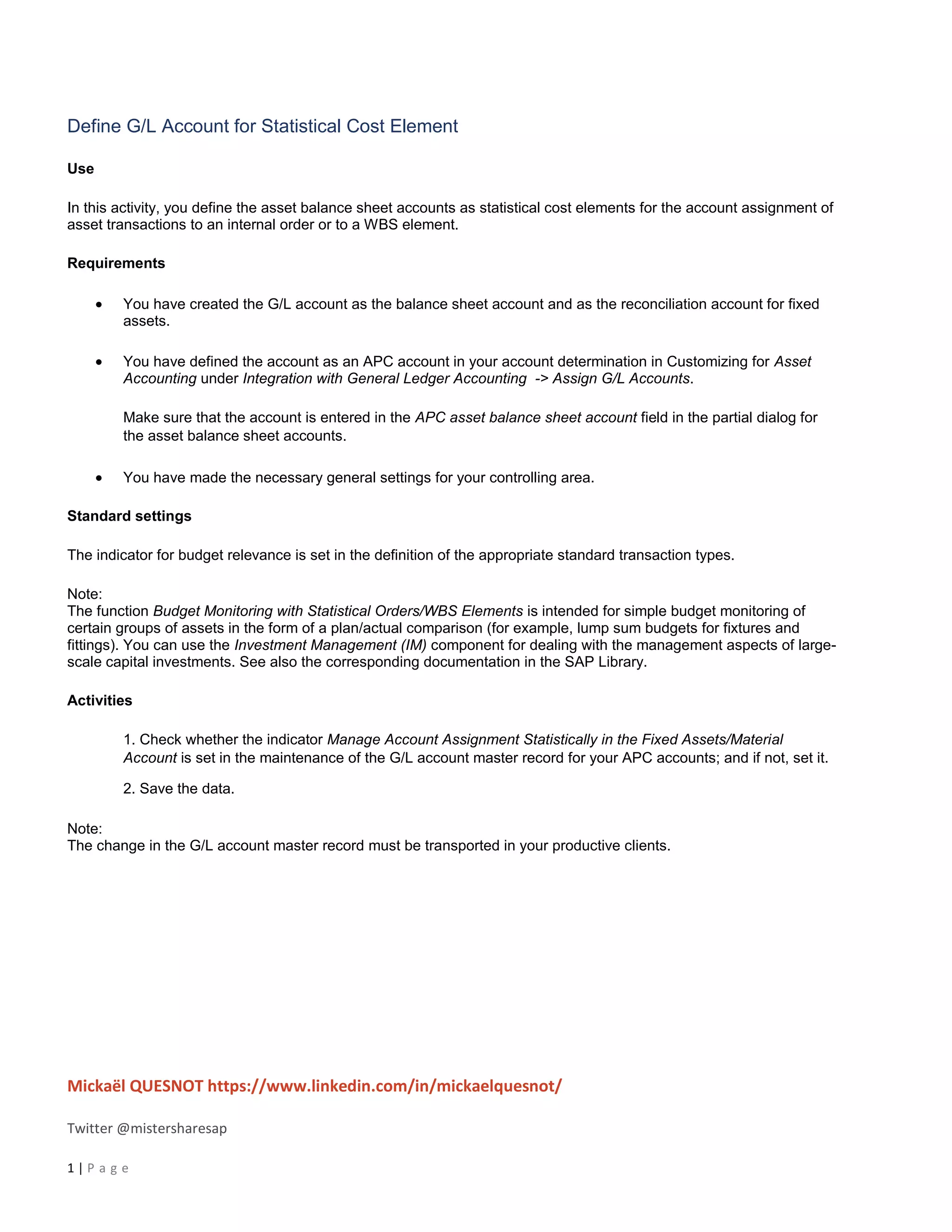 GU_SAP S4 HANA_Define GL Account for Statistical Cost Element.docx