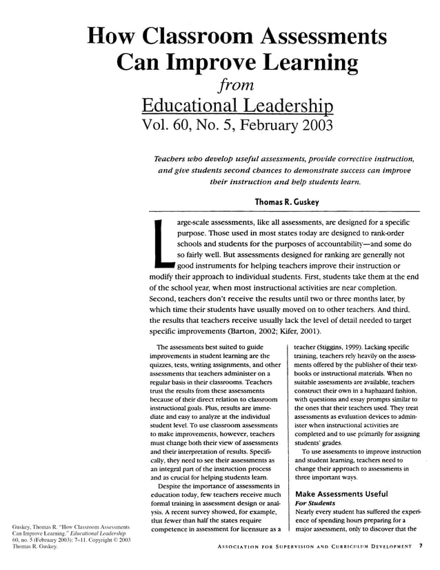 Guskey (2003) How classroom assessments can improve learning | PDF