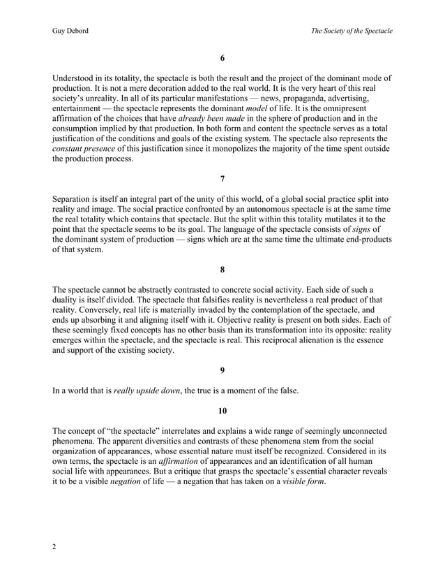 Society of the Spectacle (the Market) | PDF
