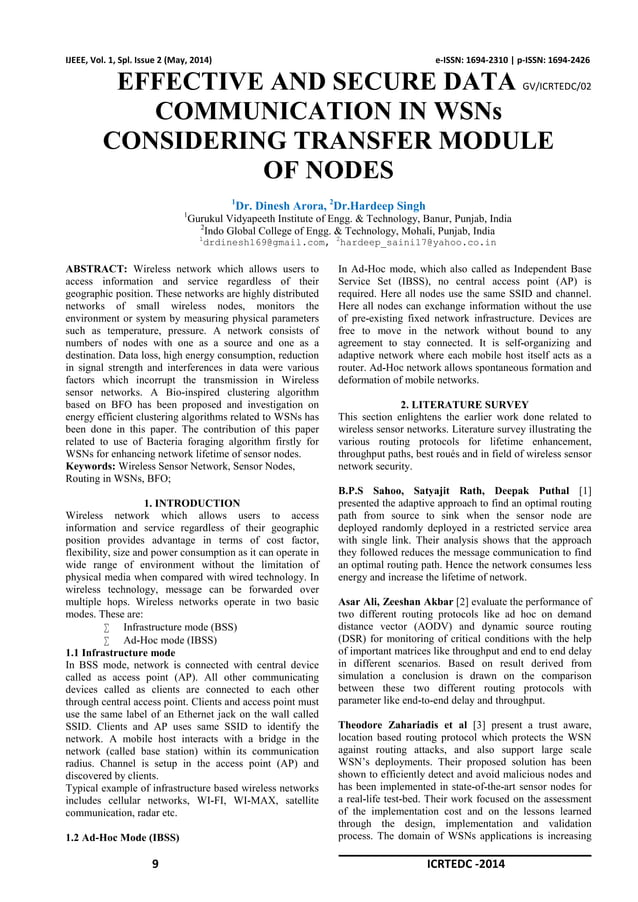 EFFECTIVE AND SECURE DATA COMMUNICATION IN WSNs CONSIDERING TRANSFER MODULE OF NODES | PDF
