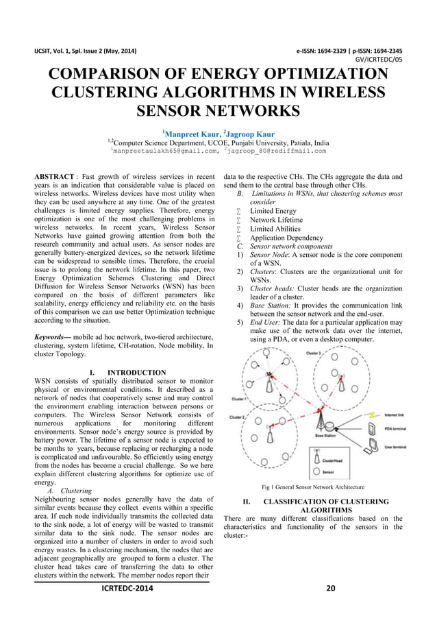 COMPARISON OF ENERGY OPTIMIZATION CLUSTERING ALGORITHMS IN WIRELESS SENSOR NETWORKS | PDF
