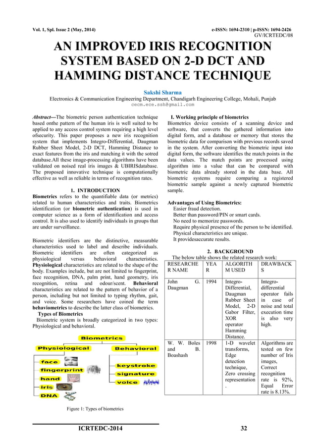 AN IMPROVED IRIS RECOGNITION SYSTEM BASED ON 2-D DCT AND HAMMING DISTANCE TECHNIQUE | PDF