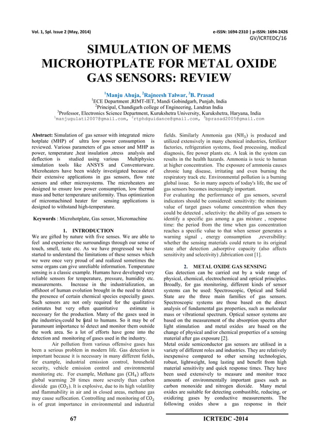 SIMULATION OF MEMS MICROHOTPLATE FOR METAL OXIDE GAS SENSORS: REVIEW | PDF