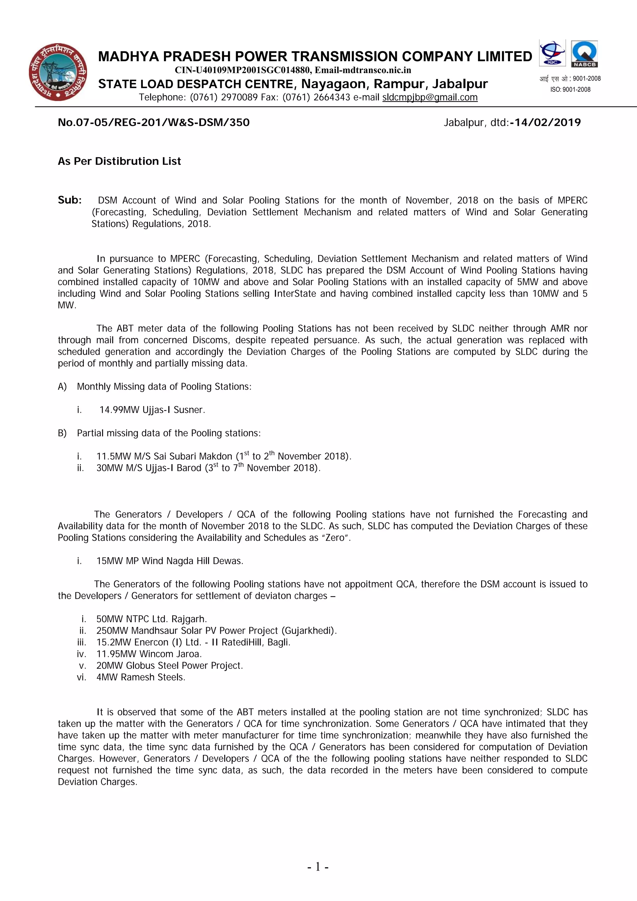 MP-SLDC-DSM Account of Wind and Solar Pooling Stations for the month of ...
