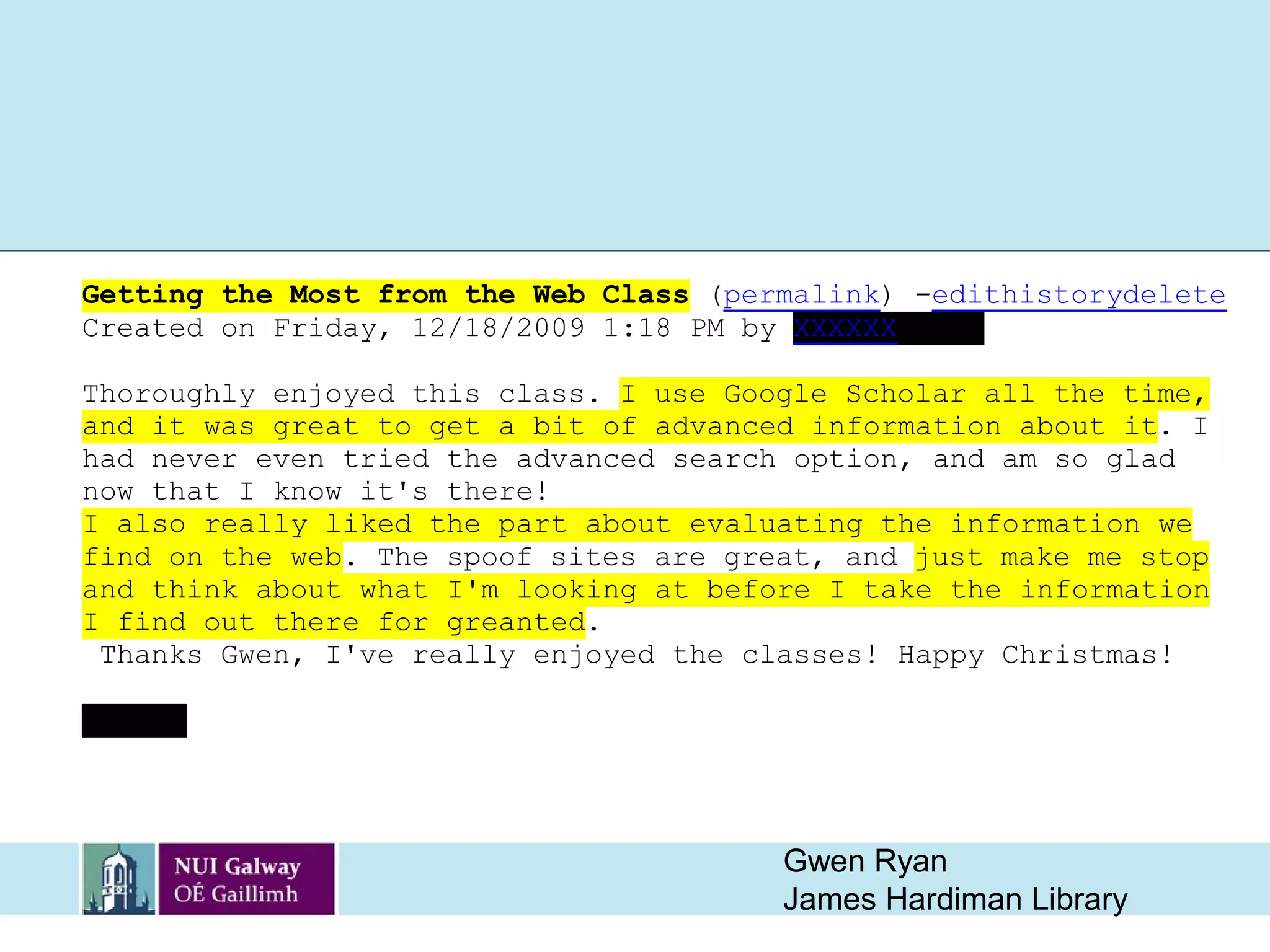 Defining criteria for measuring impact of discipline specific information skills training for ...