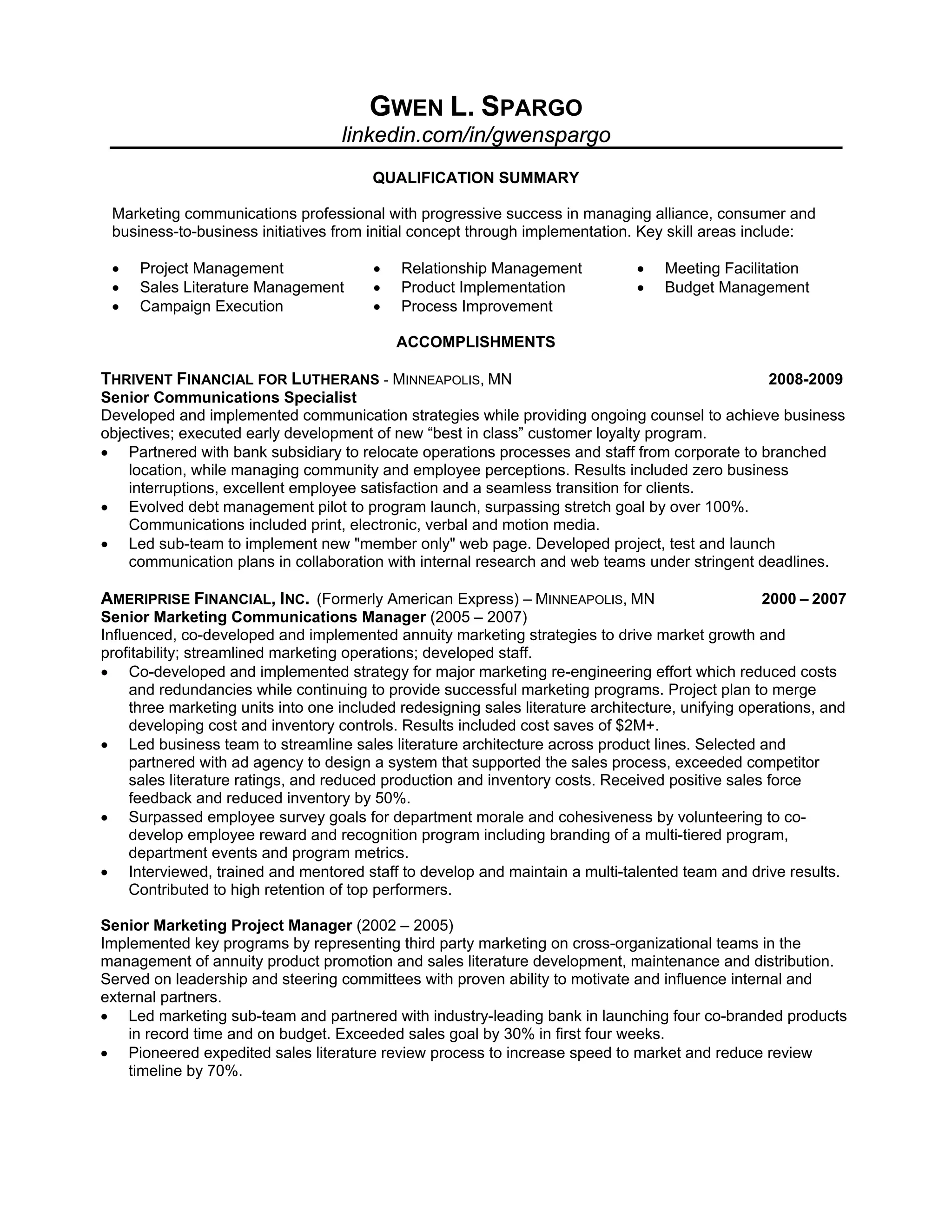 Gwen Spargos Resume Linked In | PDF