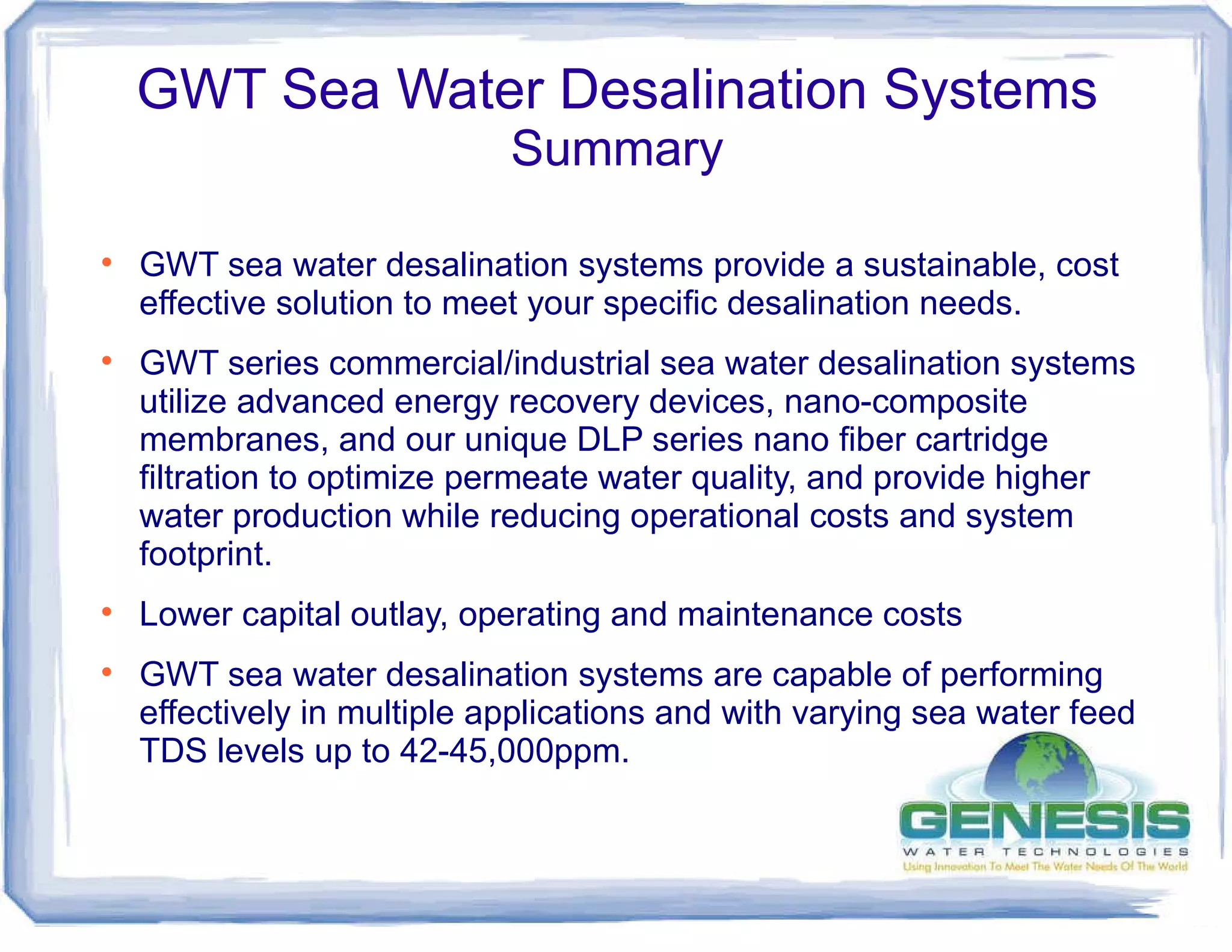 Reverse Osmosis Sea water Desalination System Presentation - Genesis ...