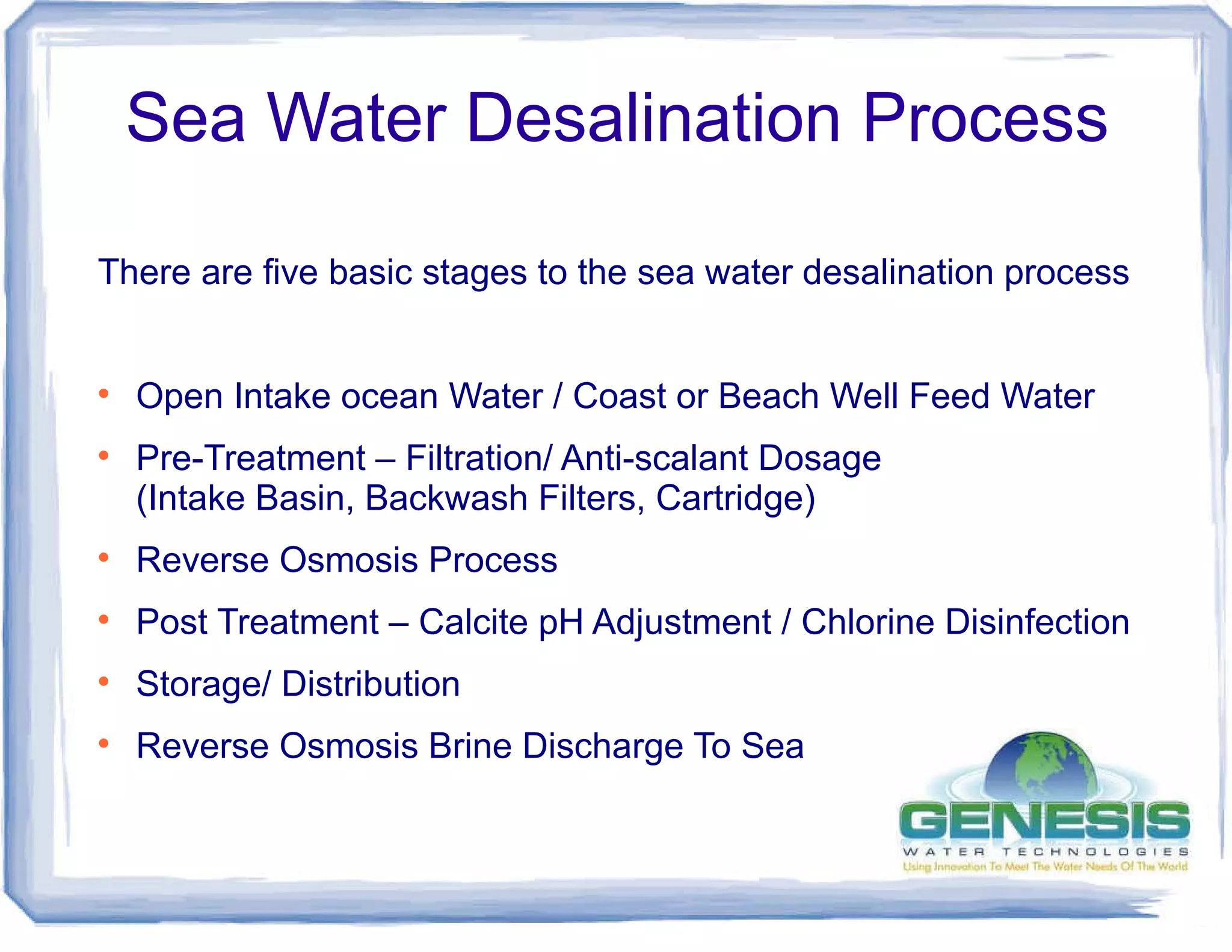 Reverse Osmosis Sea water Desalination System Presentation - Genesis Water Technologies | PDF