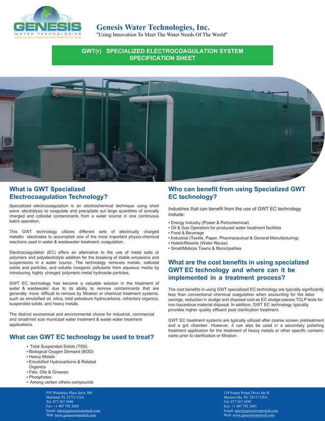 GWT Specialized Electrocoagulation Systems Specification Sheet | PDF