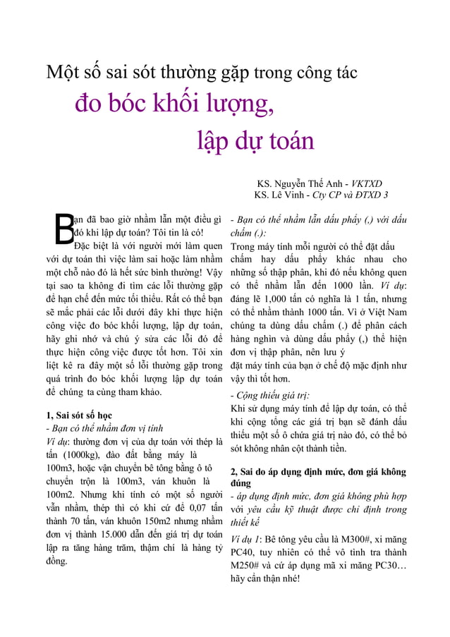Mot so sai sot thuong gap trong cong tac khoi luong du toan xay dung ...