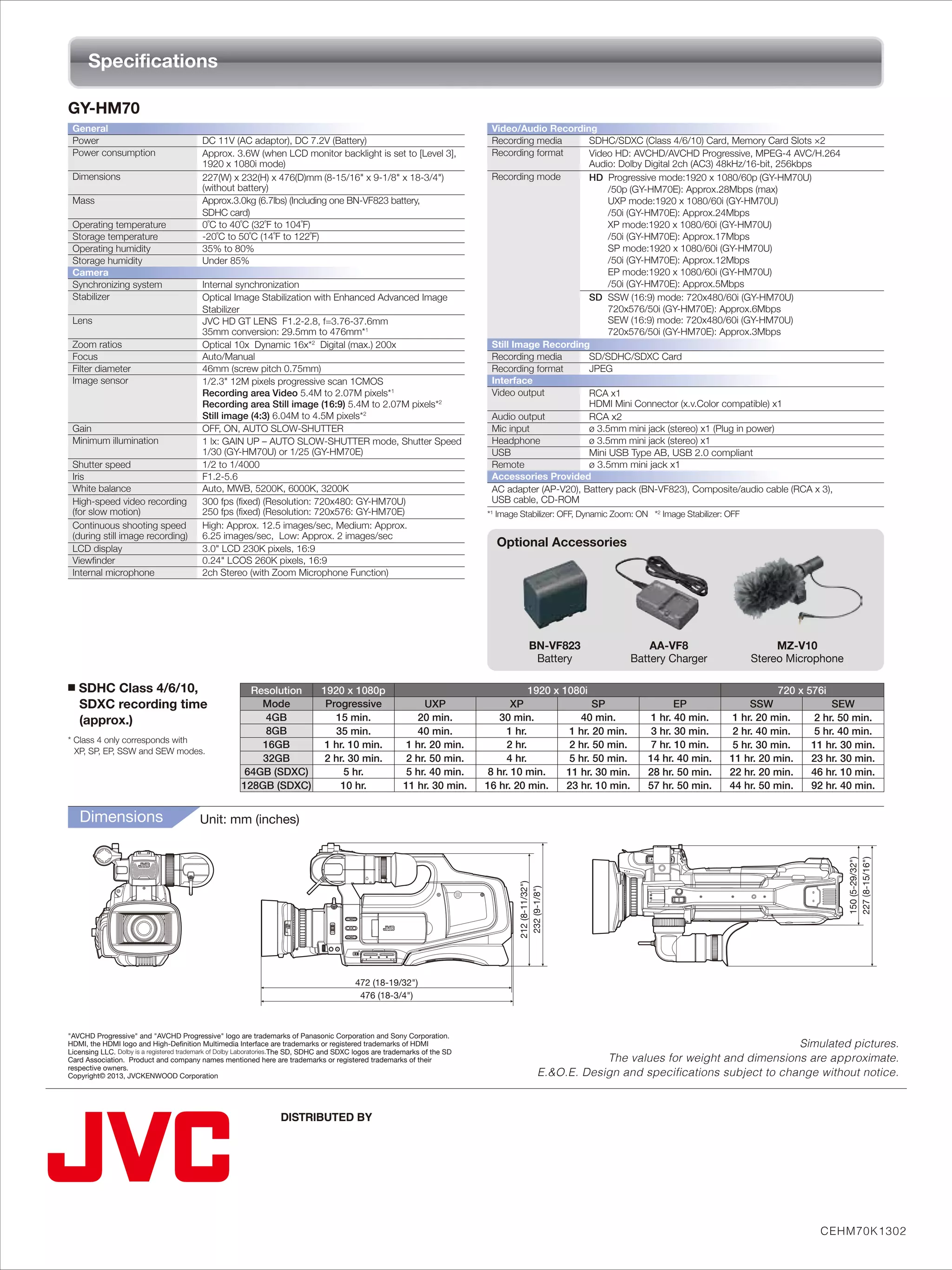 JVC GY-HM70 Camcorder | PDF