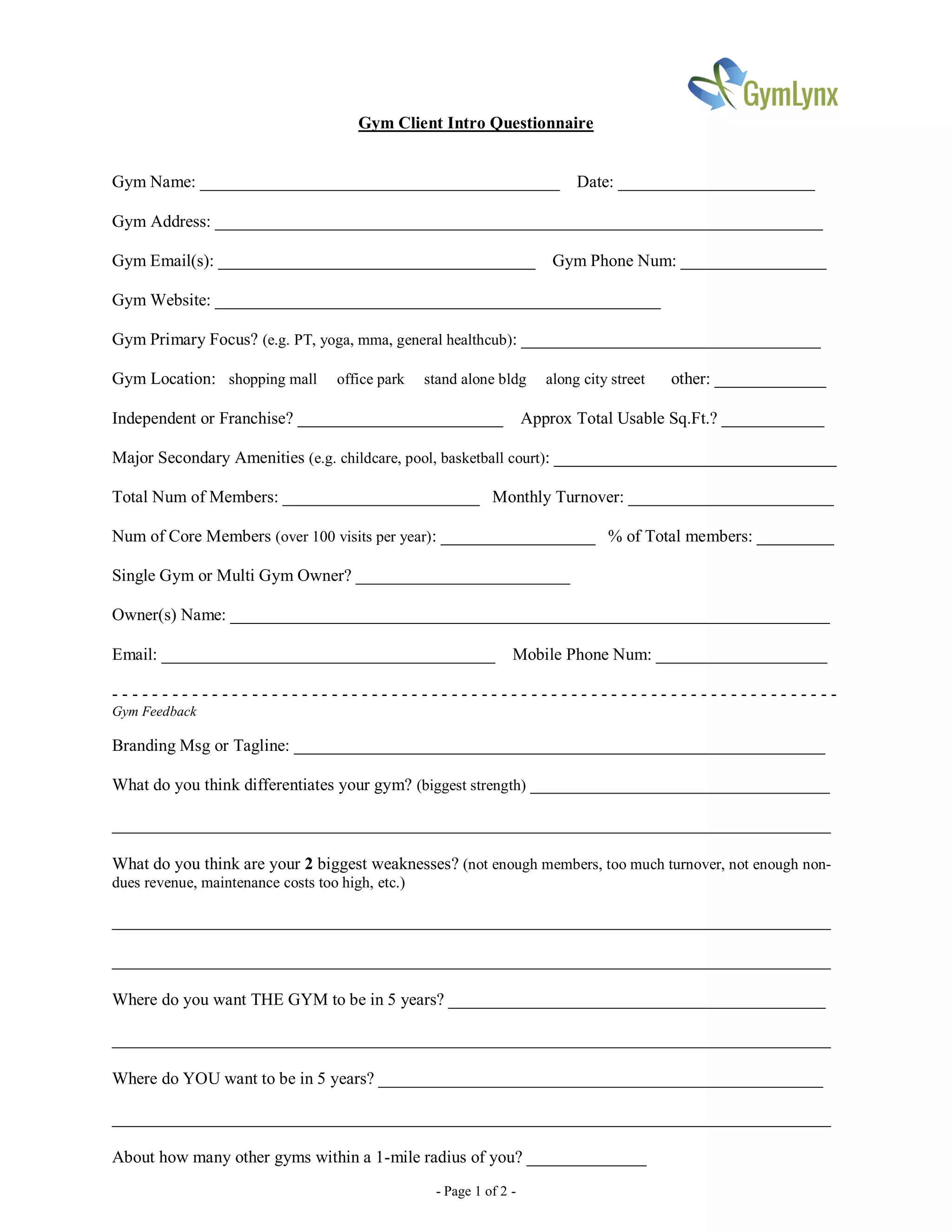 Gym Client Questionaire | PDF
