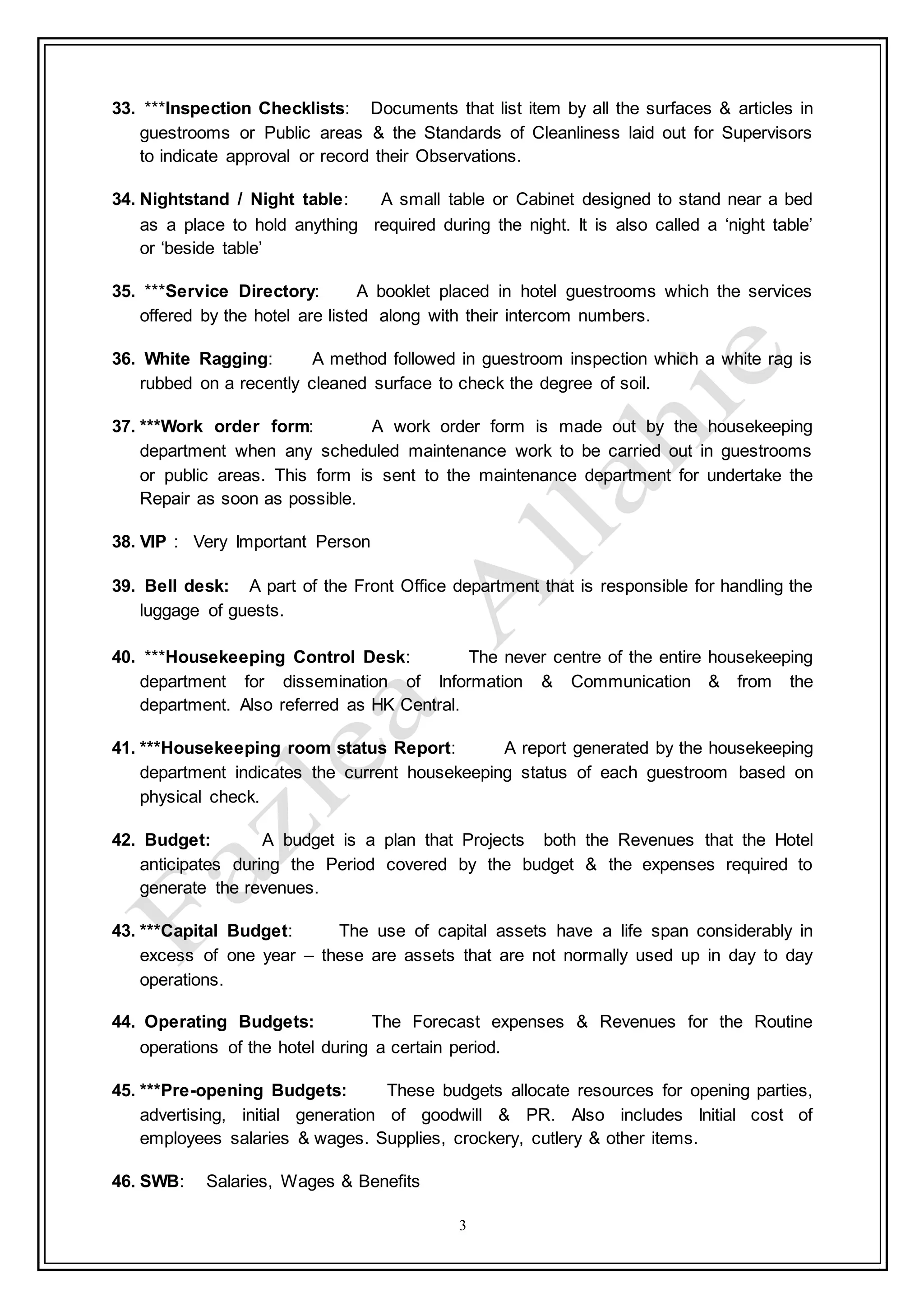 House Keeping Key Terms. | DOCX