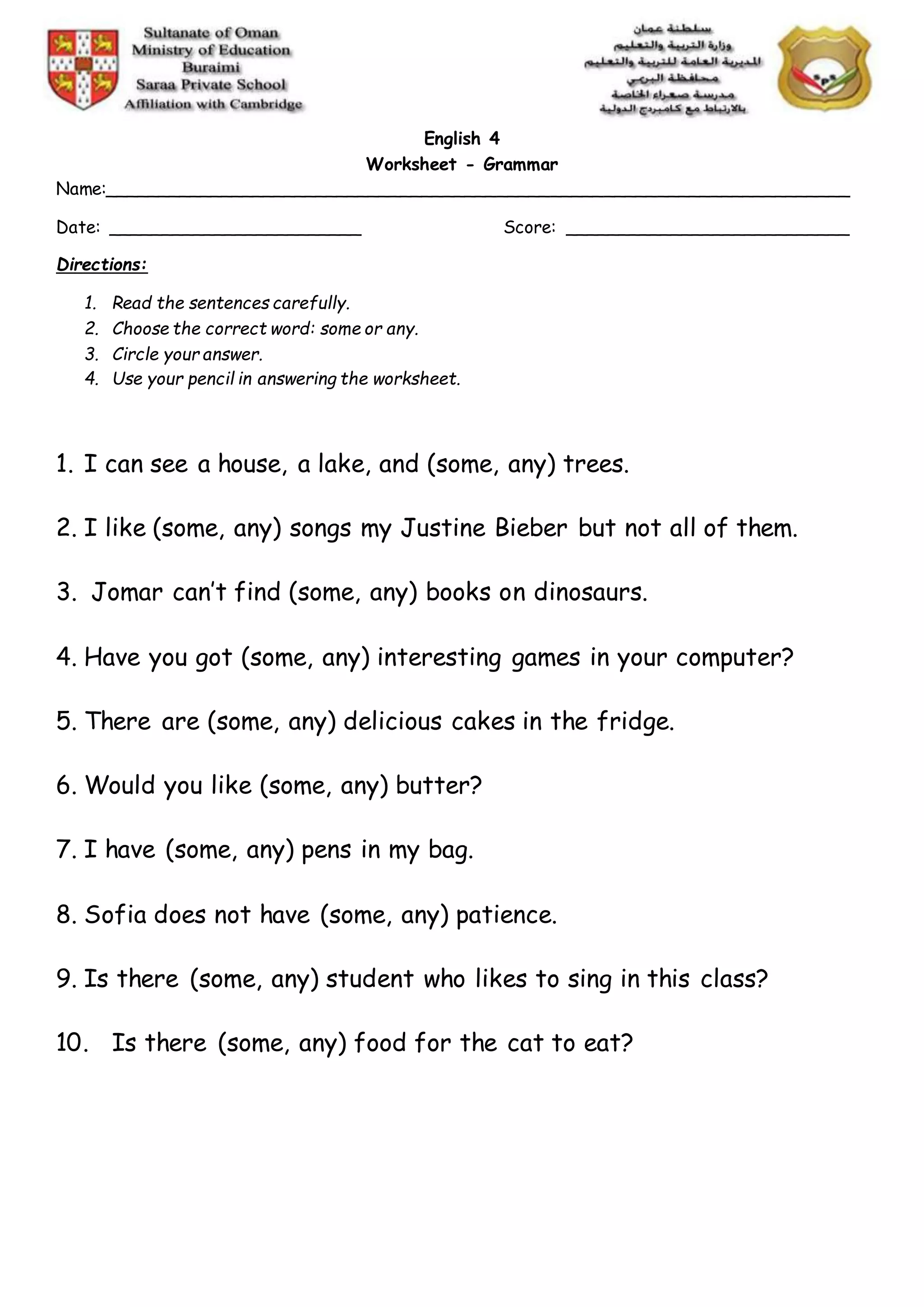 Use of Some and Any worksheet | DOCX