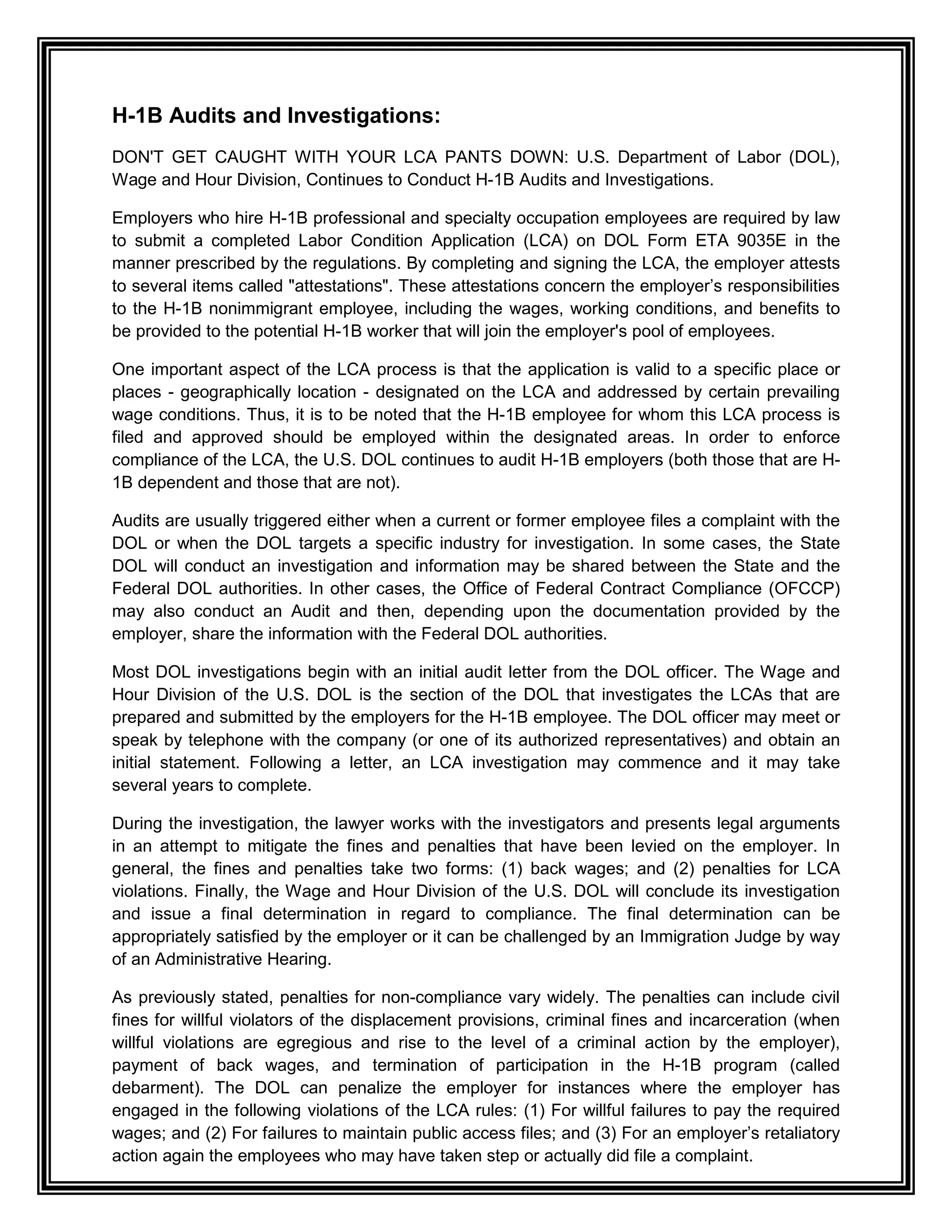 H 1b audits and investigations | PDF