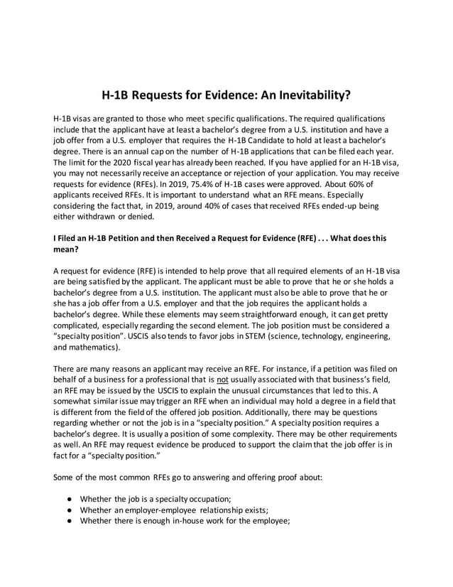 H-1B Requests for Evidence: An Inevitability? | PDF
