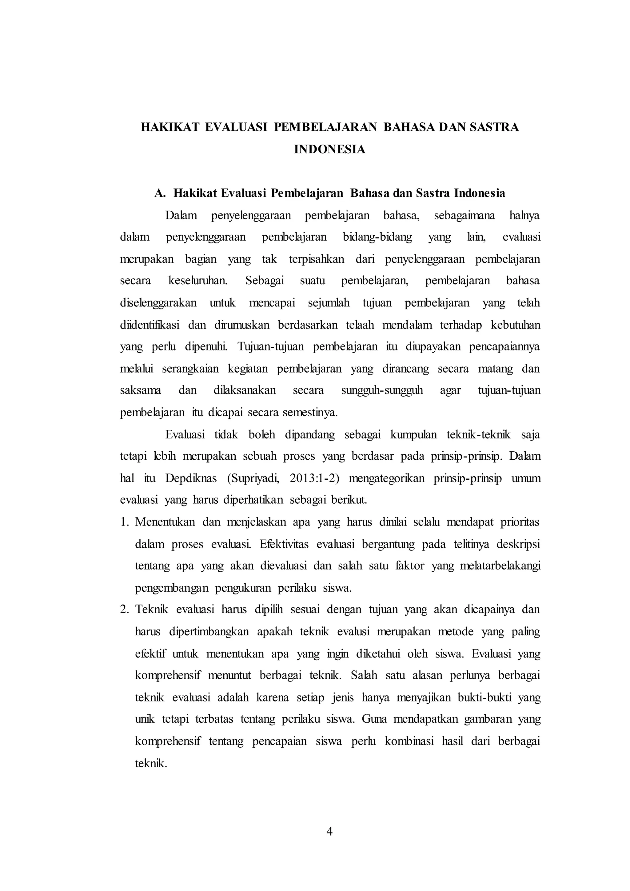 Hakikat Evaluasi Pembelajaran Bahasa dan Sastra Indonesia | DOC