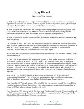 H. Bismuth cv, artist statement, exhibition list , Courtesy of Chisholm ...