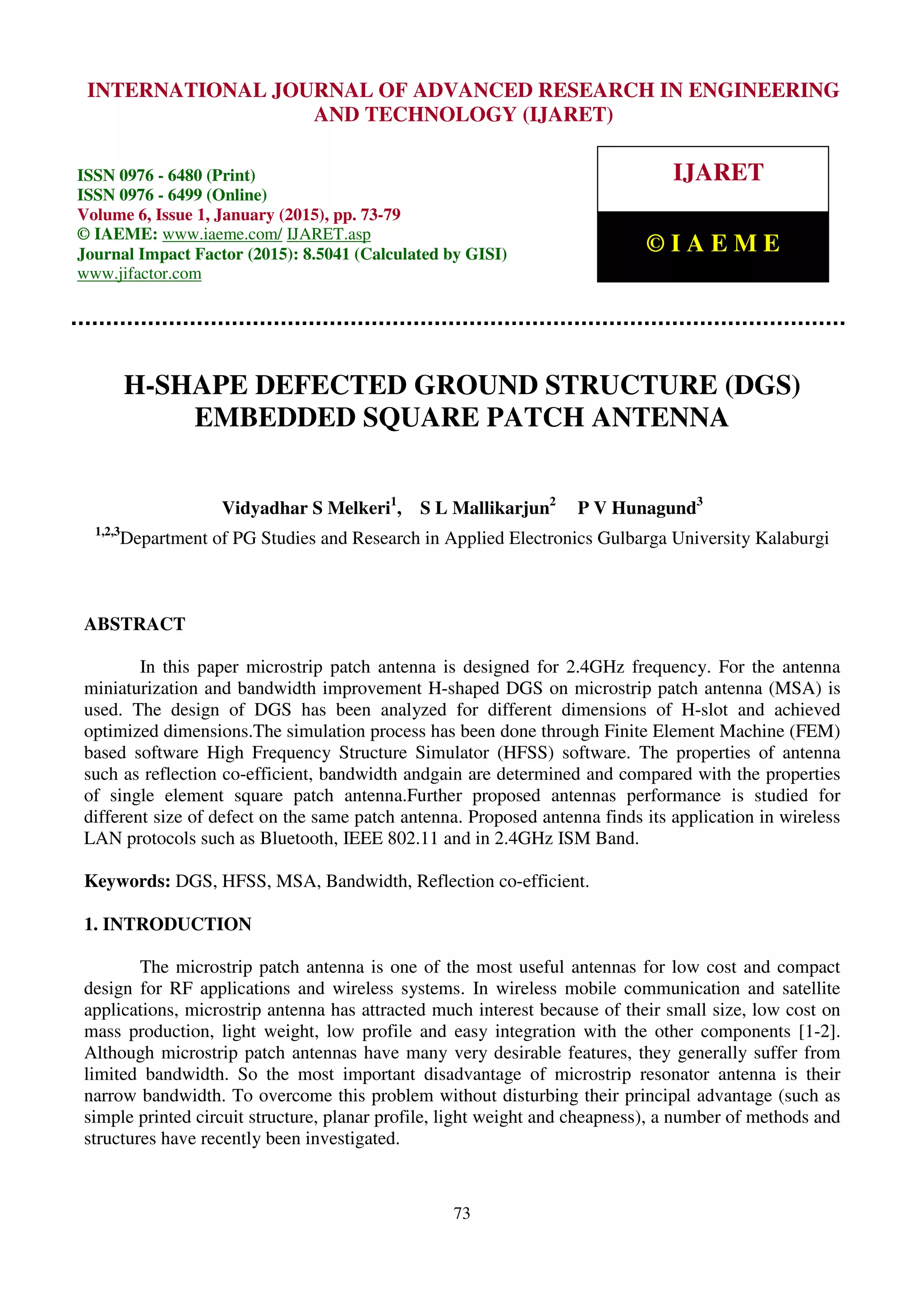 H shape defected ground structure dgs- embedded square patch antenna | PDF | Physics | Science